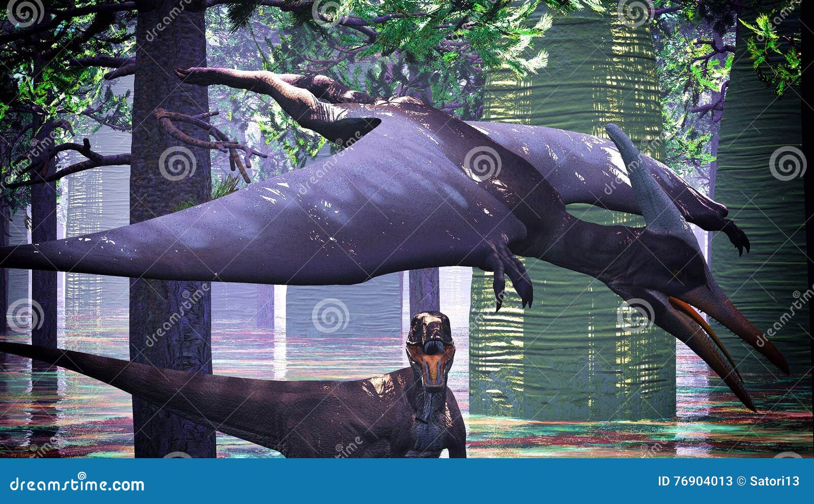 Velociraptor and Pterodactyl 3d Rendering Stock Illustration ...