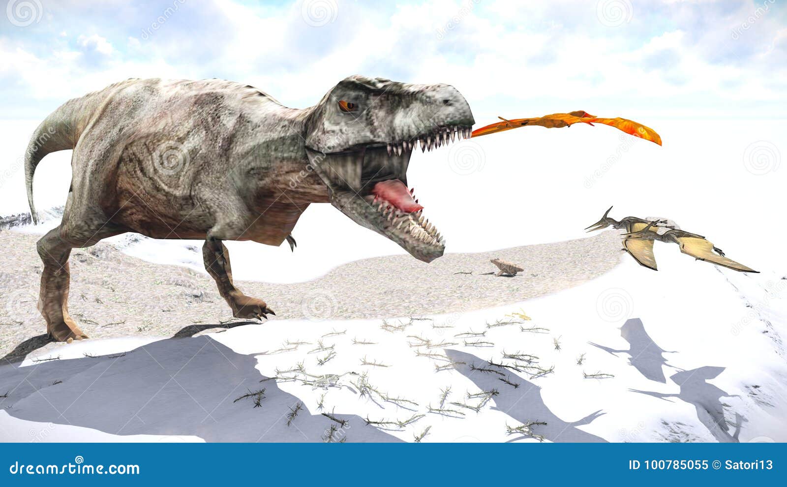 Velociraptor and Pterodactyl 3d Rendering Stock Illustration ...