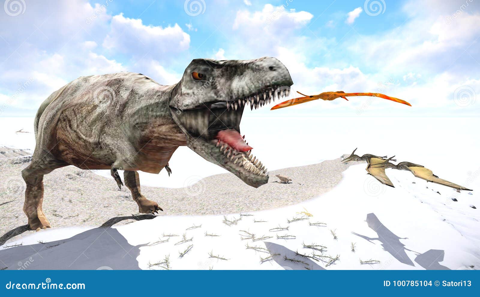 Velociraptor and Pterodactyl 3d Rendering Stock Illustration ...