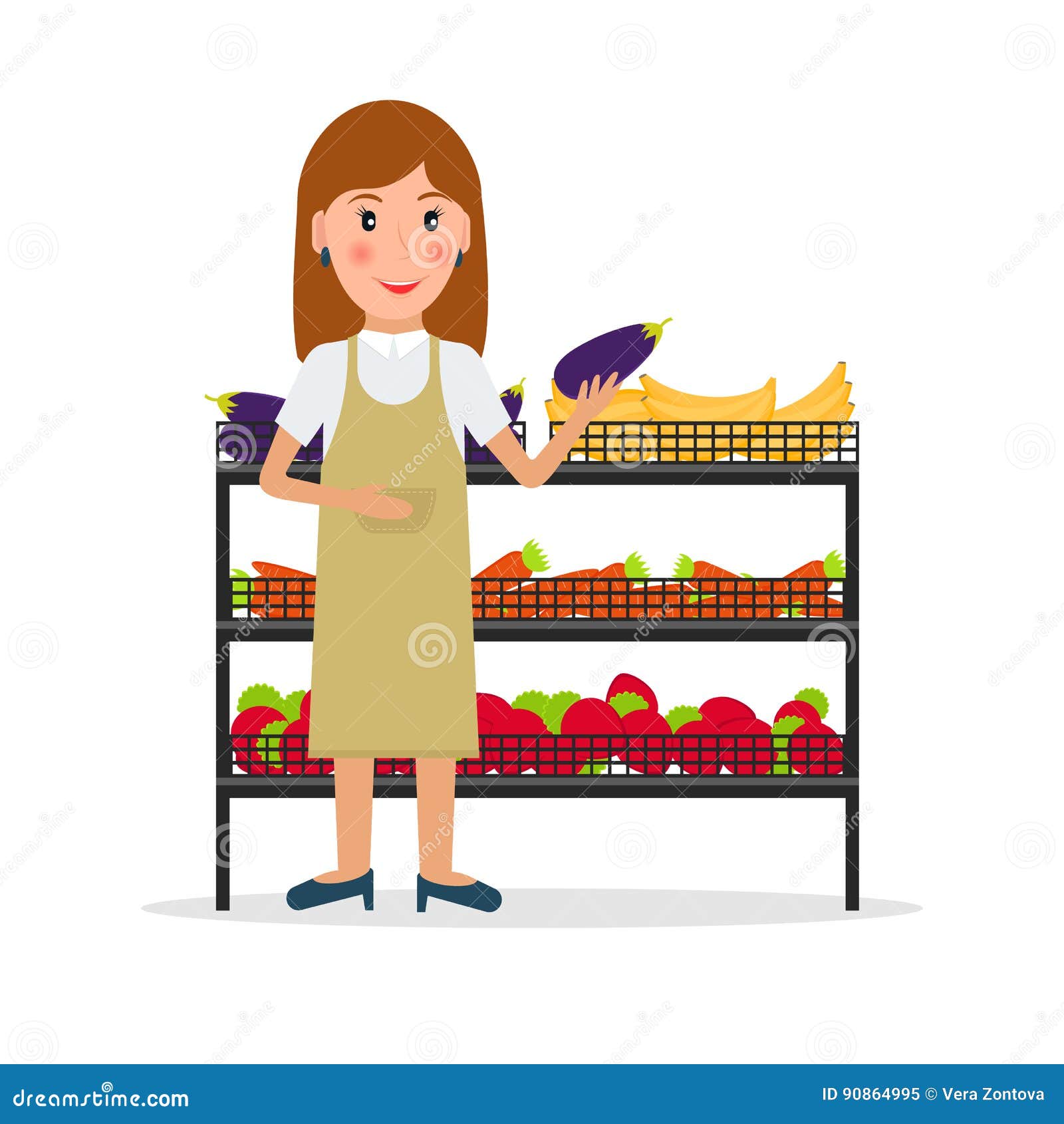 Vendedor Del Colmado Contra Vitrine Con Las Verduras Ilustración del ...