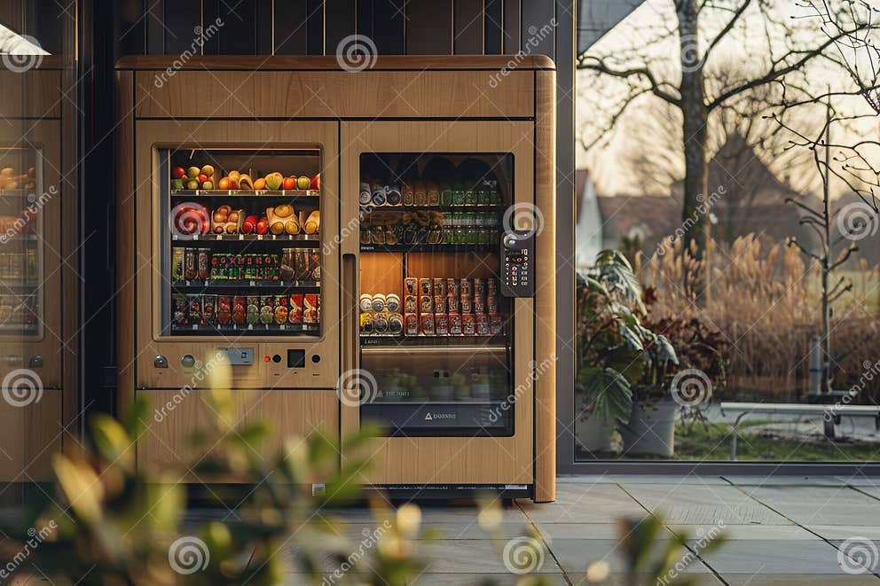 A Vending Machine with a Bench Next To it Stock Photo - Image of food ...