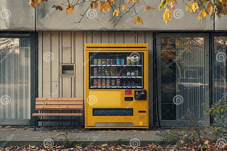A Vending Machine with a Bench Next To it Stock Photo - Image of ...