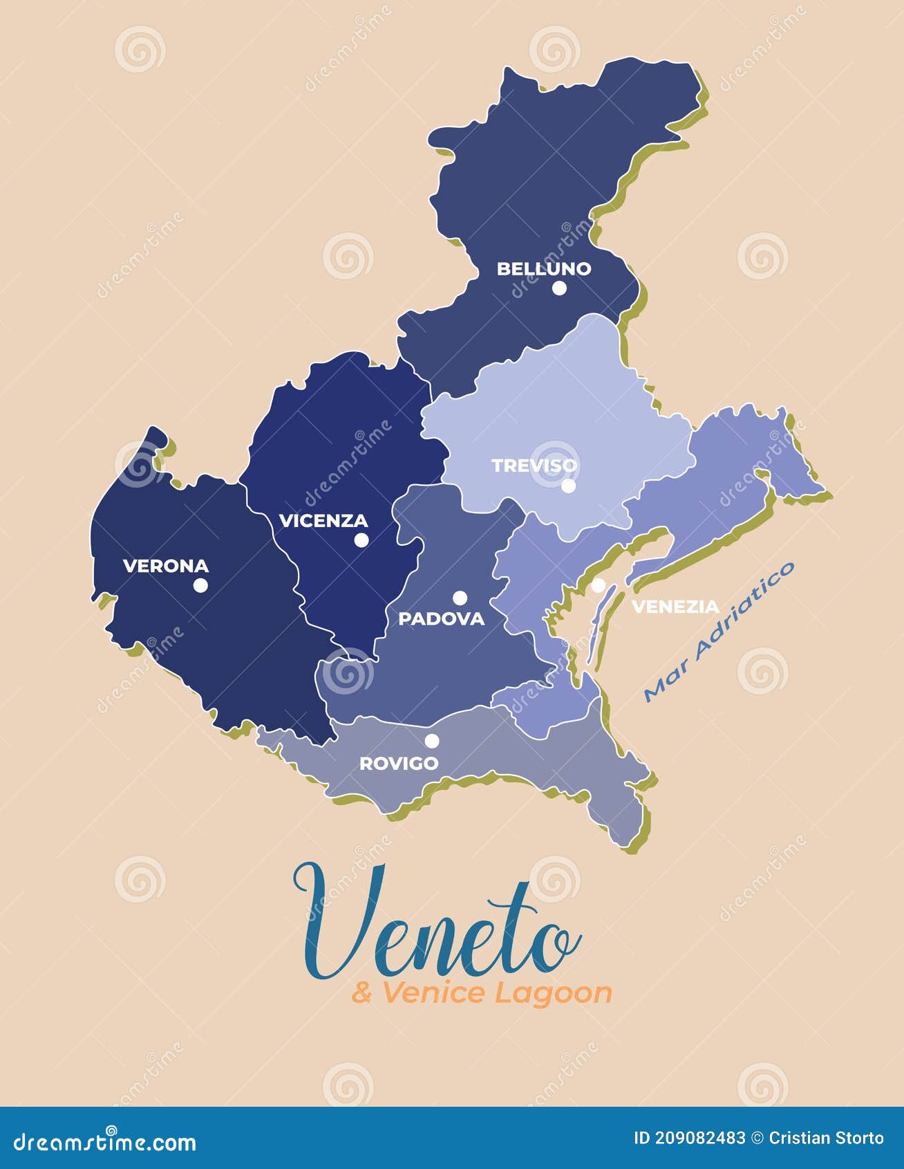 Veneto and Venice Lagoon Vector Map Divided into Provinces with Major ...