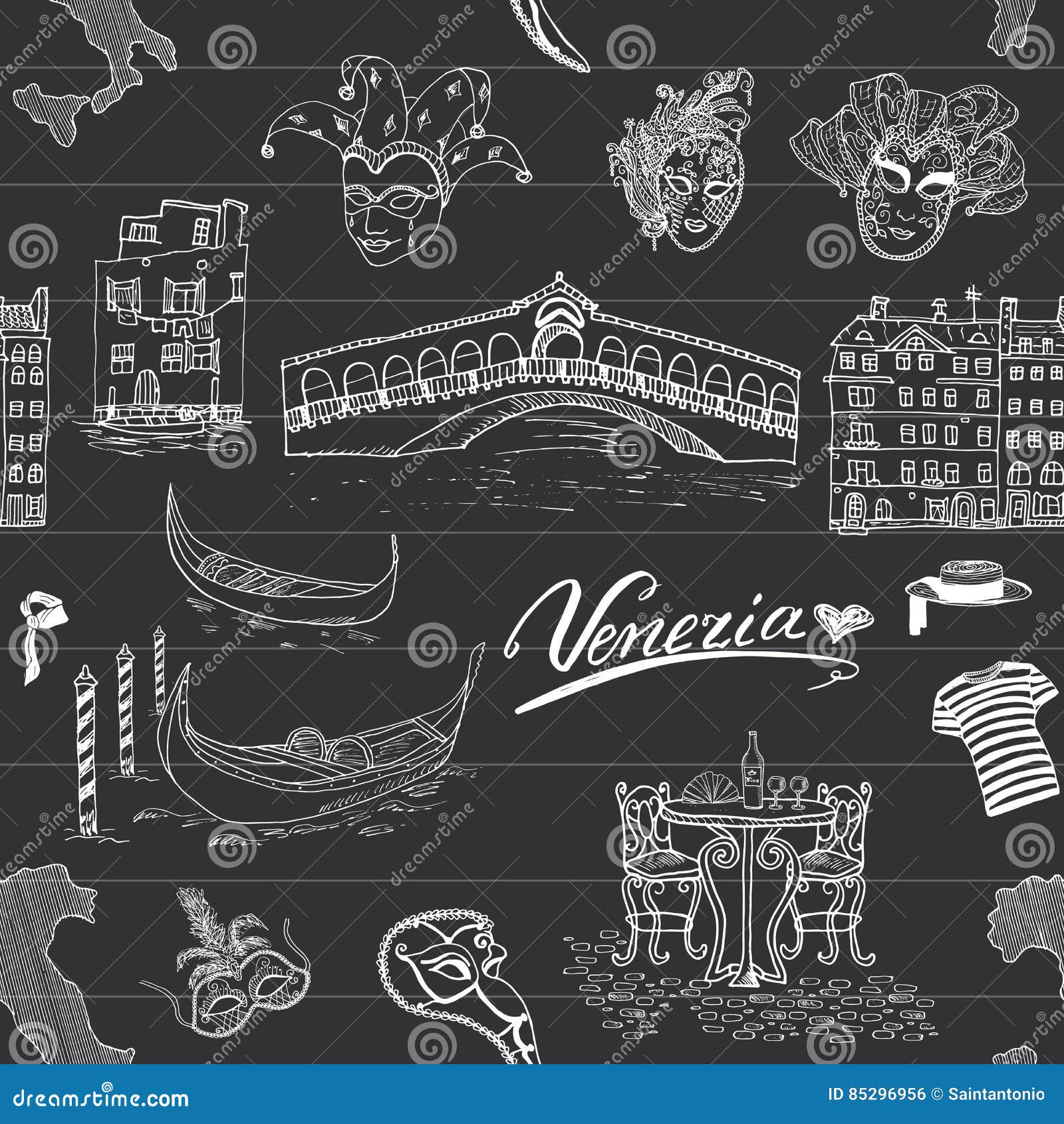 Venice Italy Seamless Pattern. Hand Drawn Sketch With Map Of Italy ... Venice Italy Seamless Pattern. Hand Drawn Sketch With Map Of Italy ...