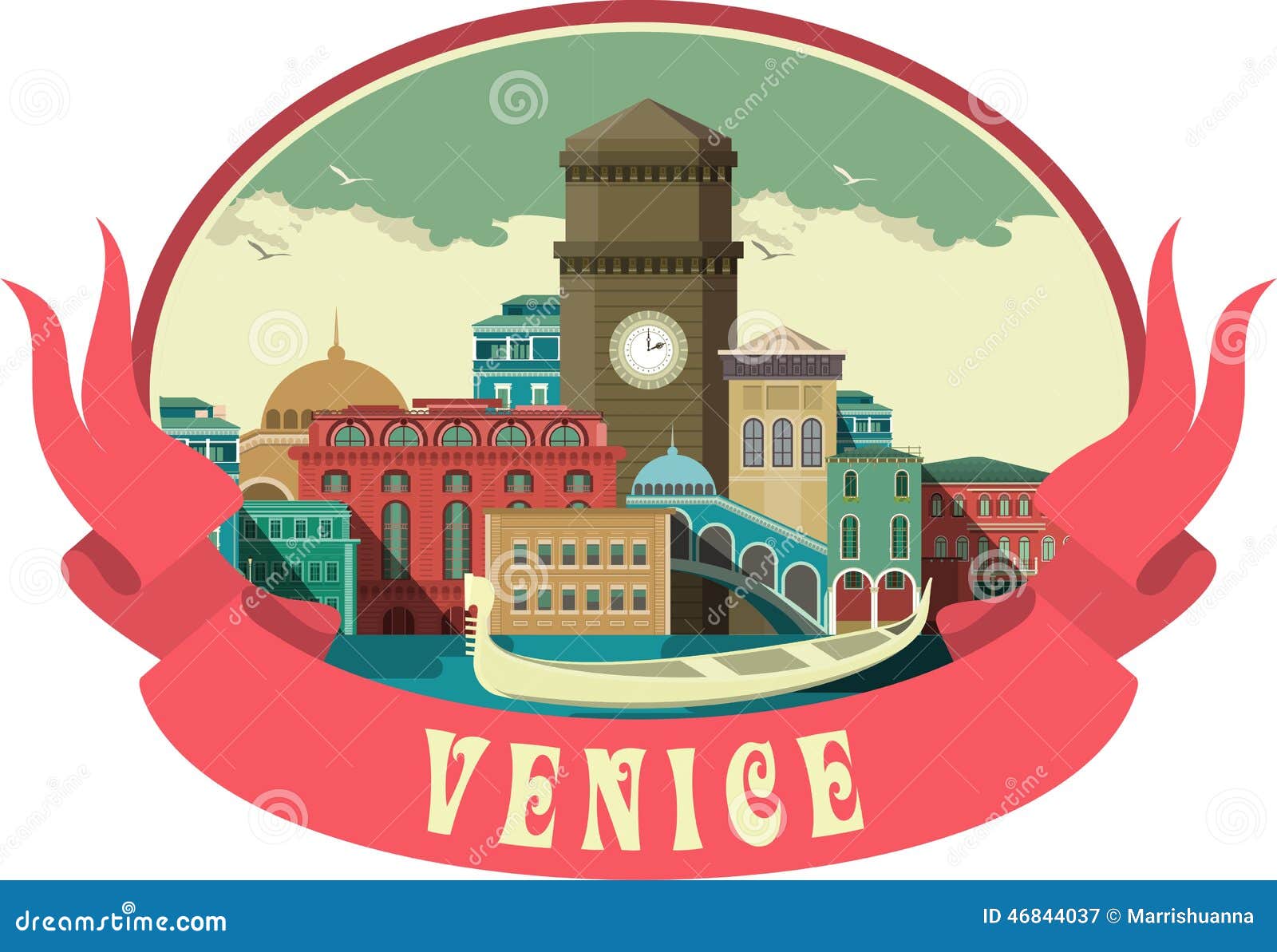 Venice Label With Hand Drawn The Rialto Bridge, Lettering Venice With ...