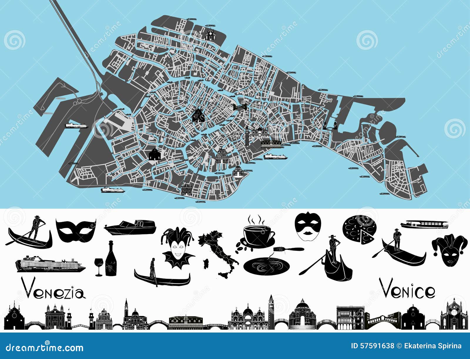 Venice Map with Symbols and Landmarks Stock Vector - Illustration of ...