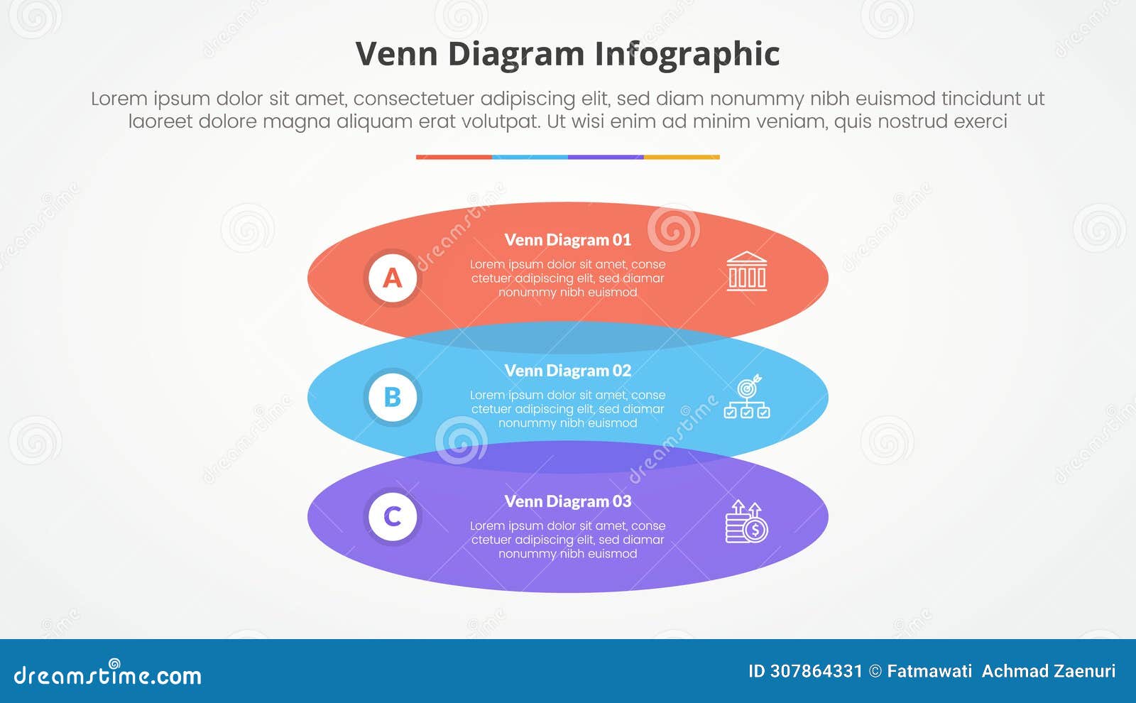 Venn Diagram Infographic Concept for Slide Presentation with Round Oval Stack with 4 Point List ...