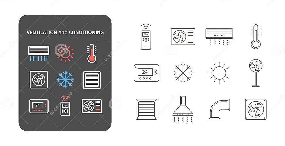 Ventilation and Conditioning. Climate Control Icon Set. Vector ...