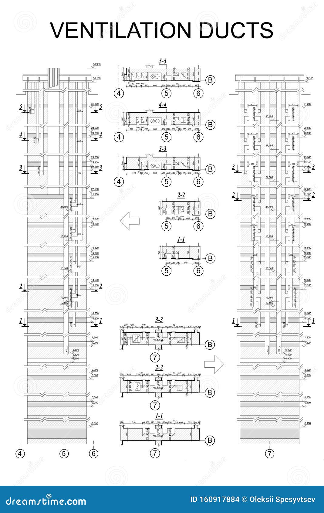 Ventilation Ducts Of Multistory Building, Detailed Architectural ...