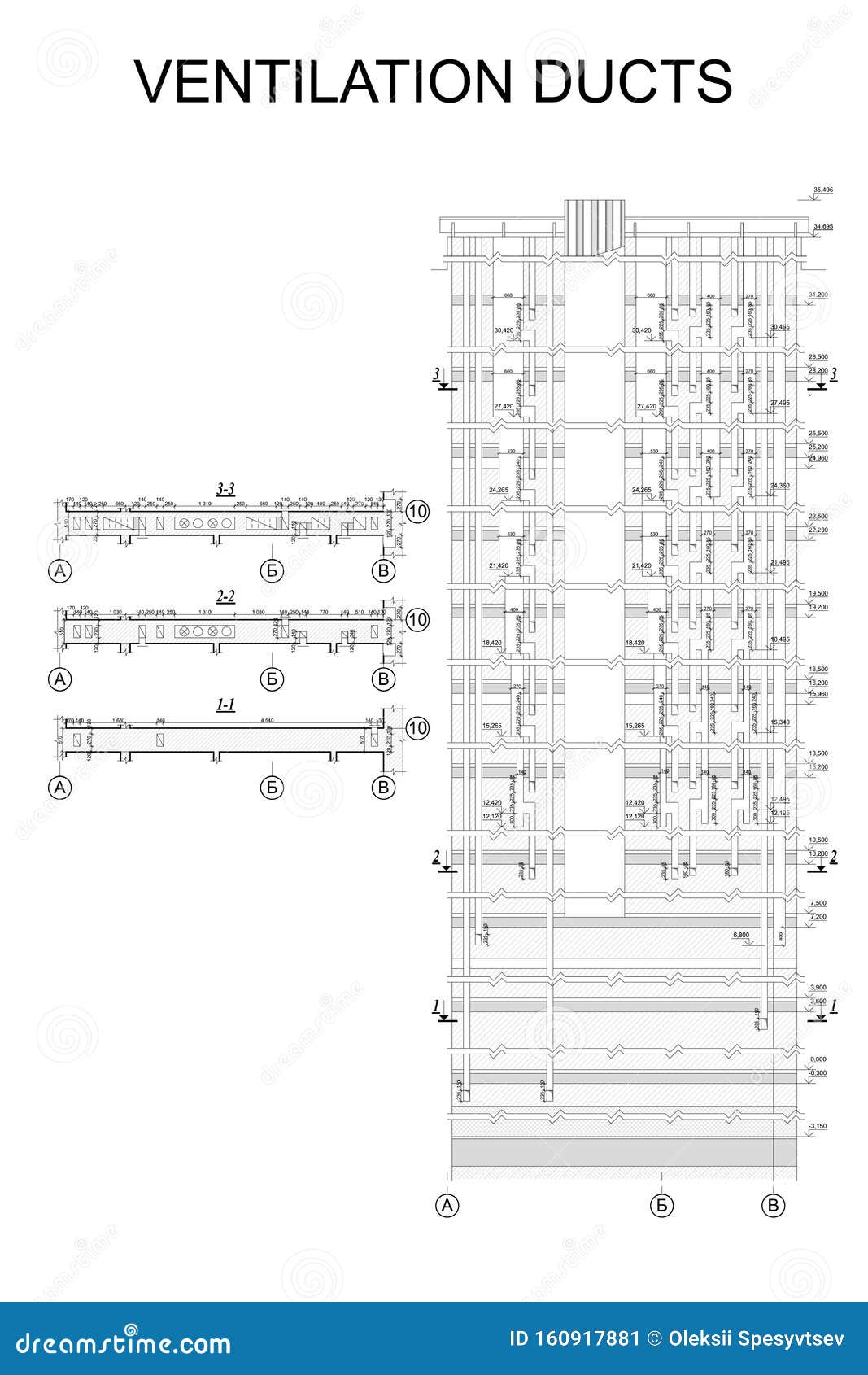 Ventilation Ducts of Multistory Building, Detailed Architectural ...