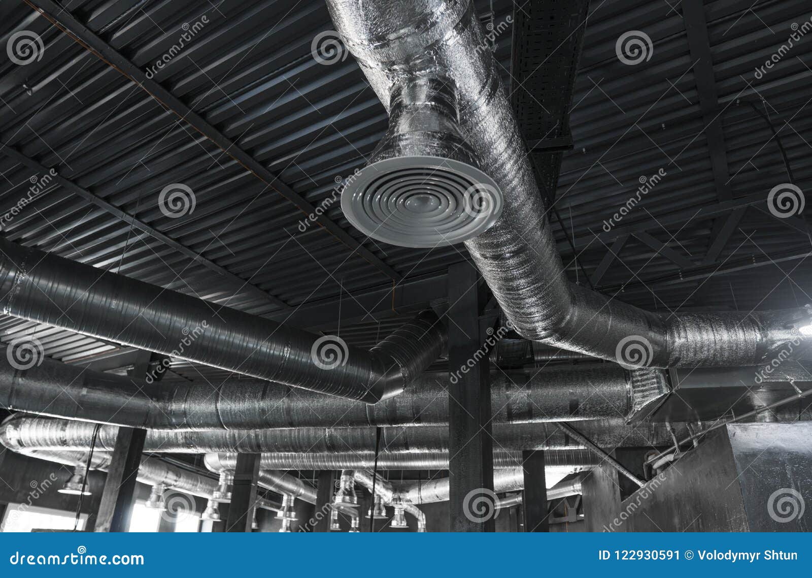Ventilation System on the Ceiling of Large Buildings. Ventilation Pipes ...
