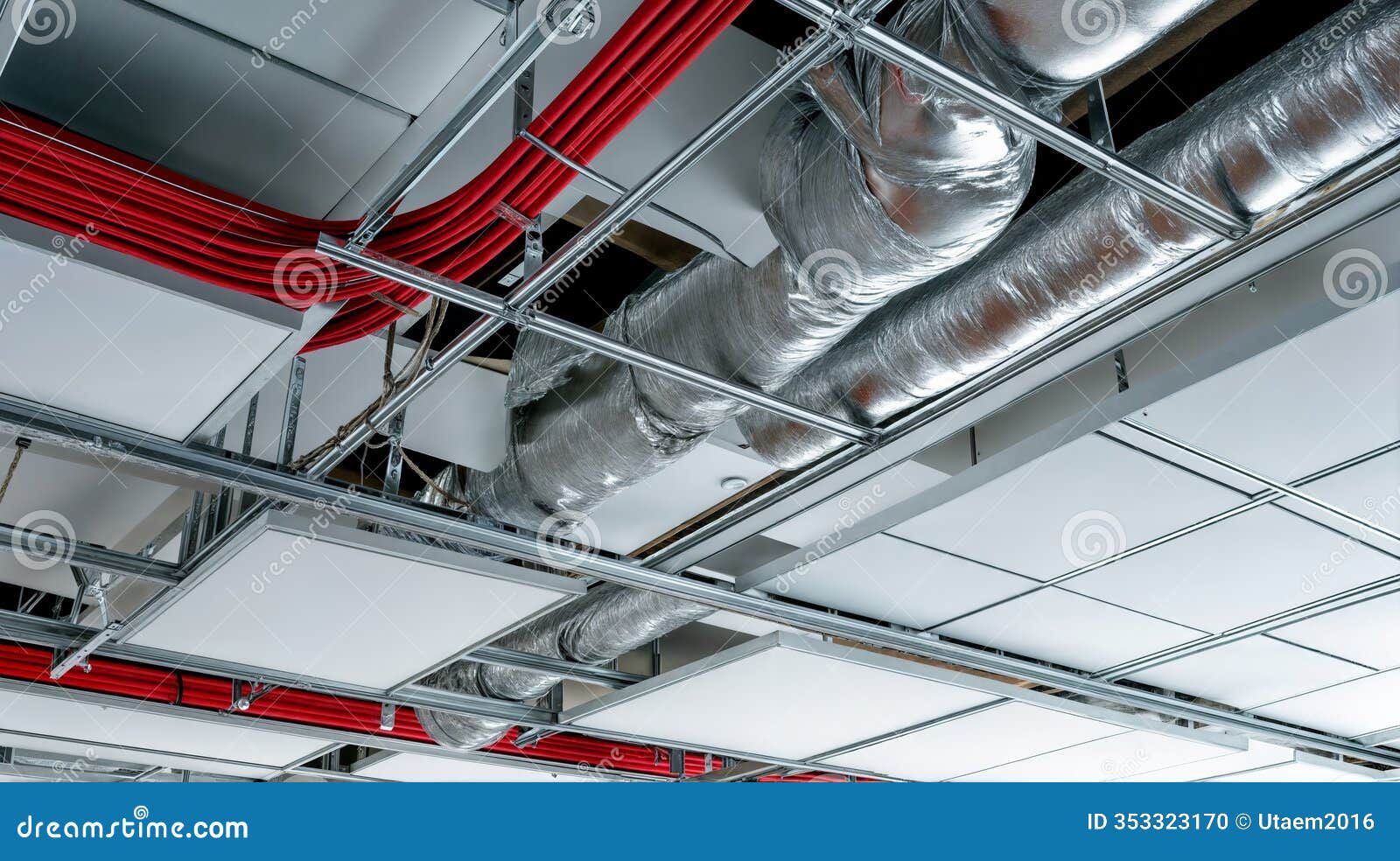 Ventilation System, Electrical Cables and Ceiling Panels Installing in ...