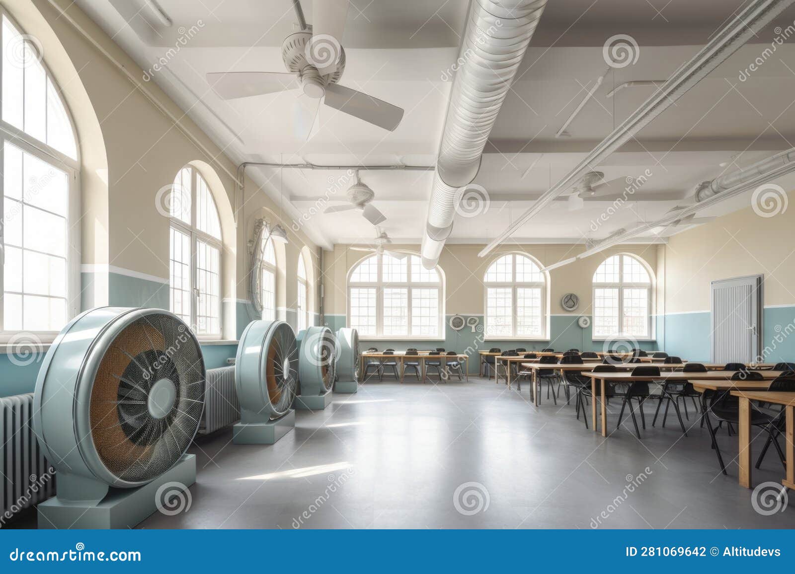 Ventilation System in School Classroom, with Spinning Fans and Moving ...