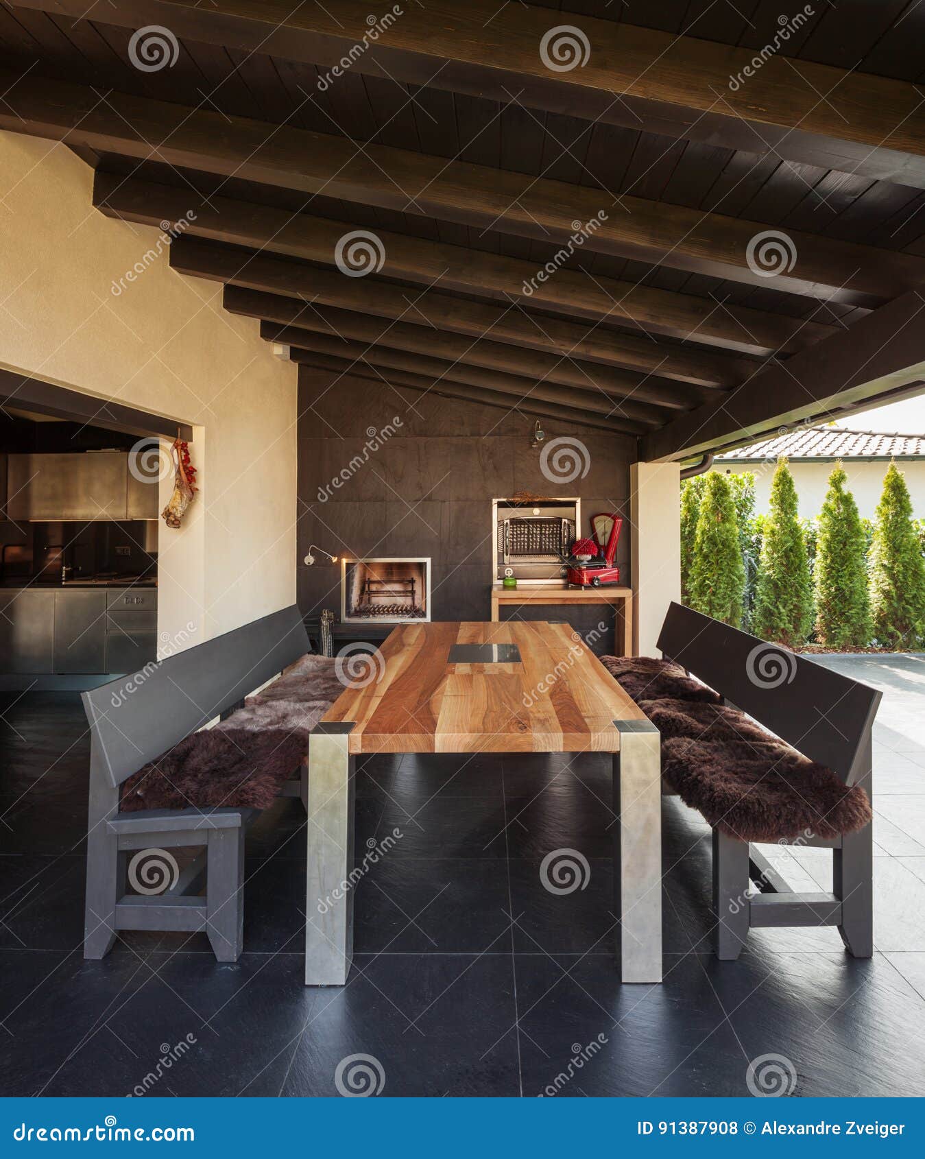 Veranda with Table and Benches in Exterior Stock Photo - Image of beams ...