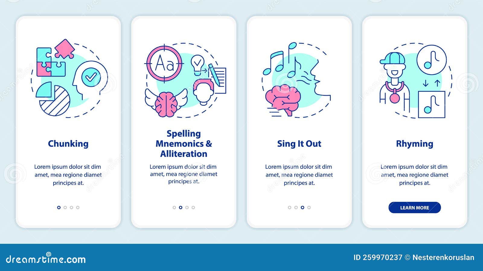 Verbal Memorization Techniques Onboarding Mobile App Screen Stock ...