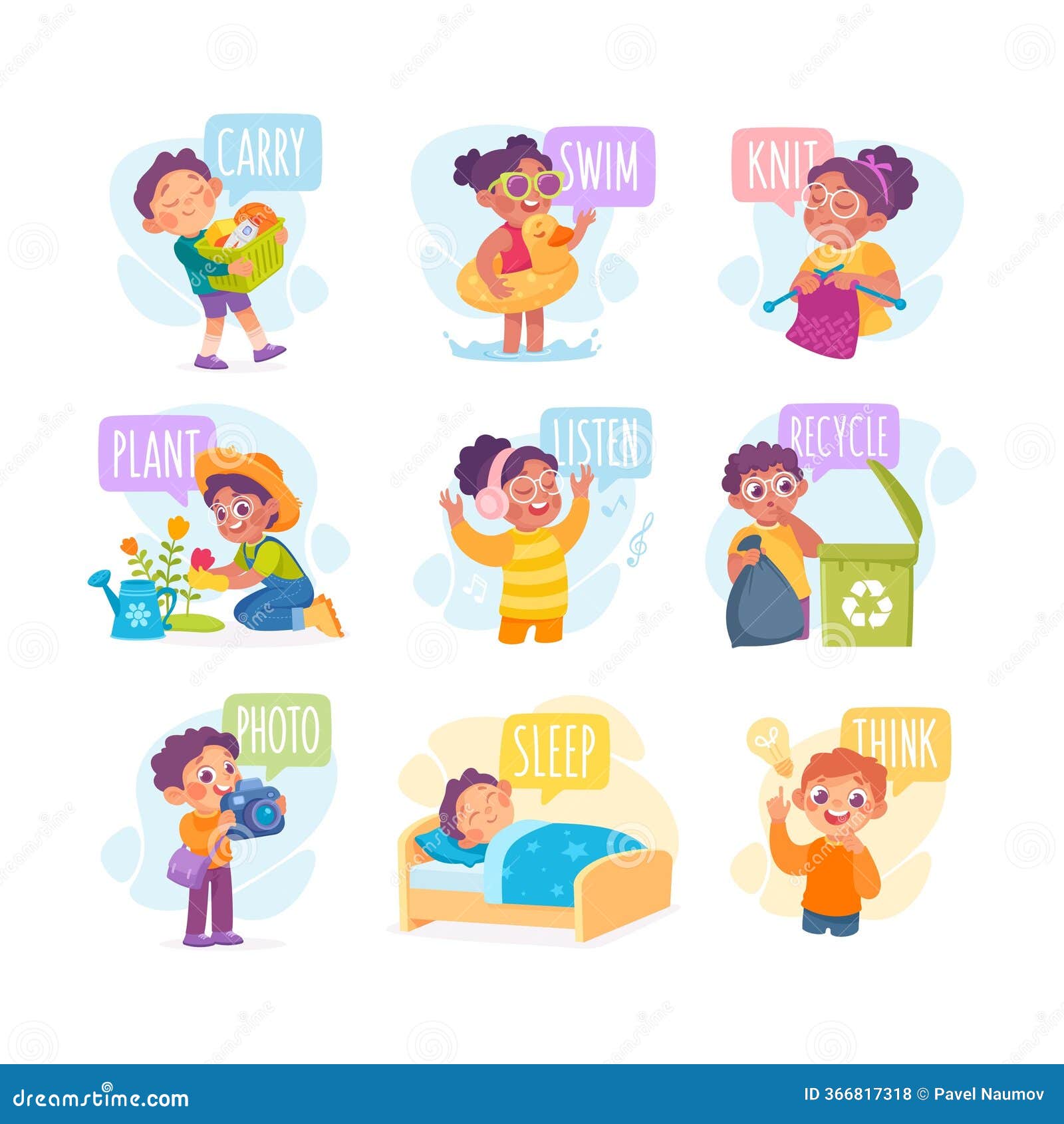 Verbs Study With Little Kid Demonstrating Different Activity Vocabulary ...