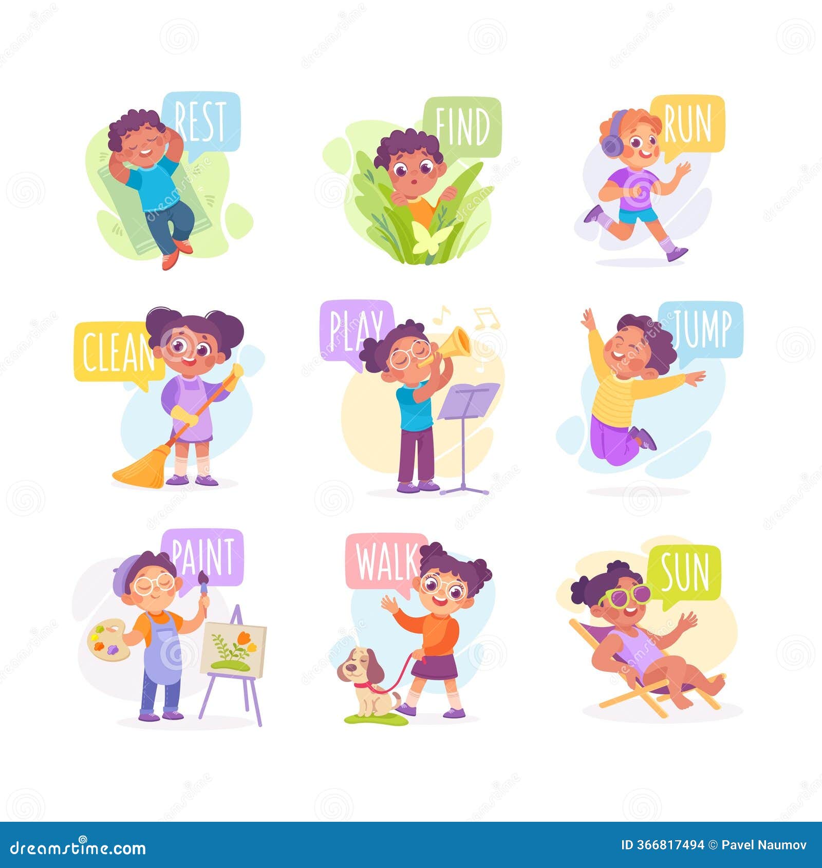 Verbs Study With Little Kids Doing Different Activity Demonstrating ...