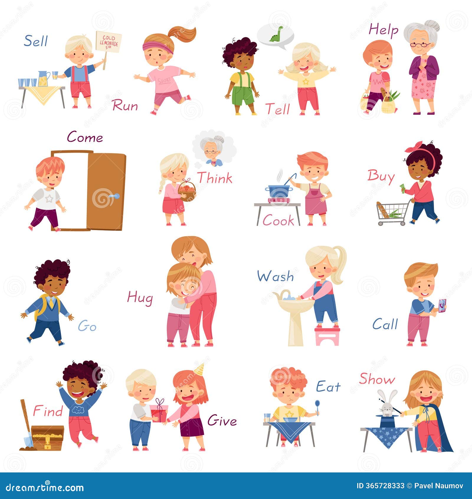 Verbs Study With Little Kid Demonstrating Different Activity Vocabulary ...