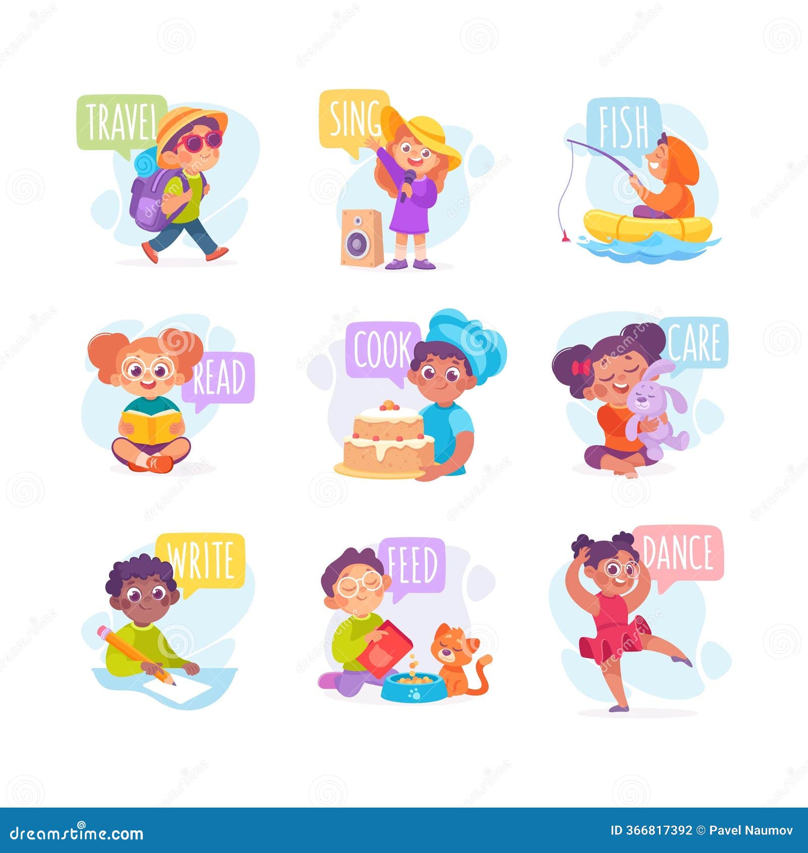 Verbs Study With Little Kid Demonstrating Different Activity Vocabulary ...