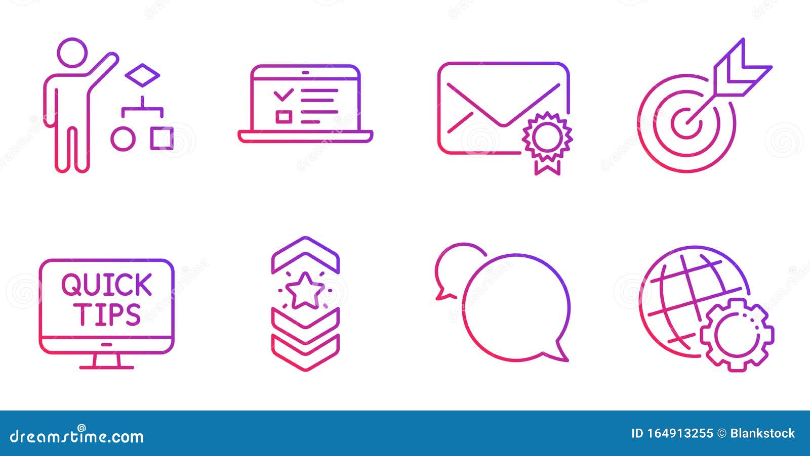 Verified Mail, Messenger and Algorithm Icons Set. Target, Web Lectures and Shoulder Strap Signs ...