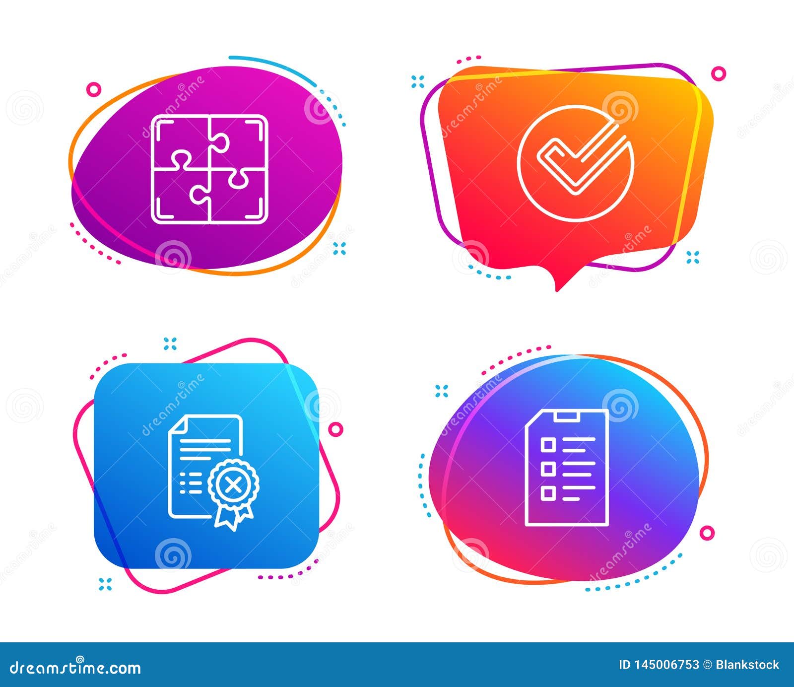 Verify, Reject Certificate and Puzzle Icons Set. Checklist Sign. Vector ...