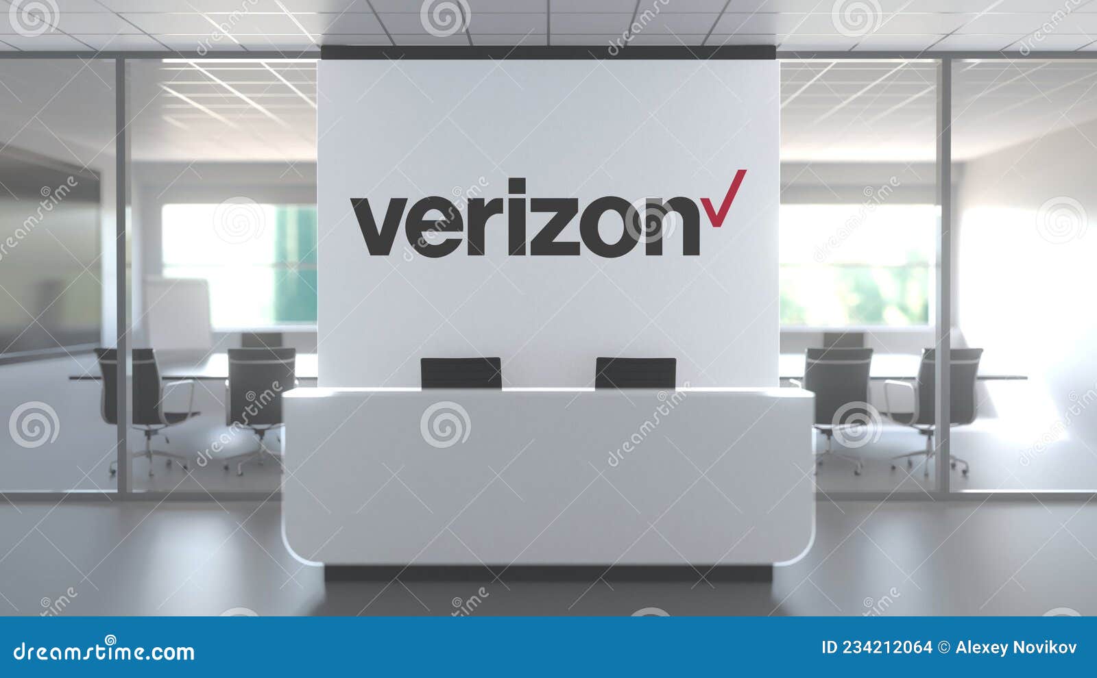 VERIZON Logo Above Reception Desk in the Modern Office, Editorial Conceptual 3D Rendering ...