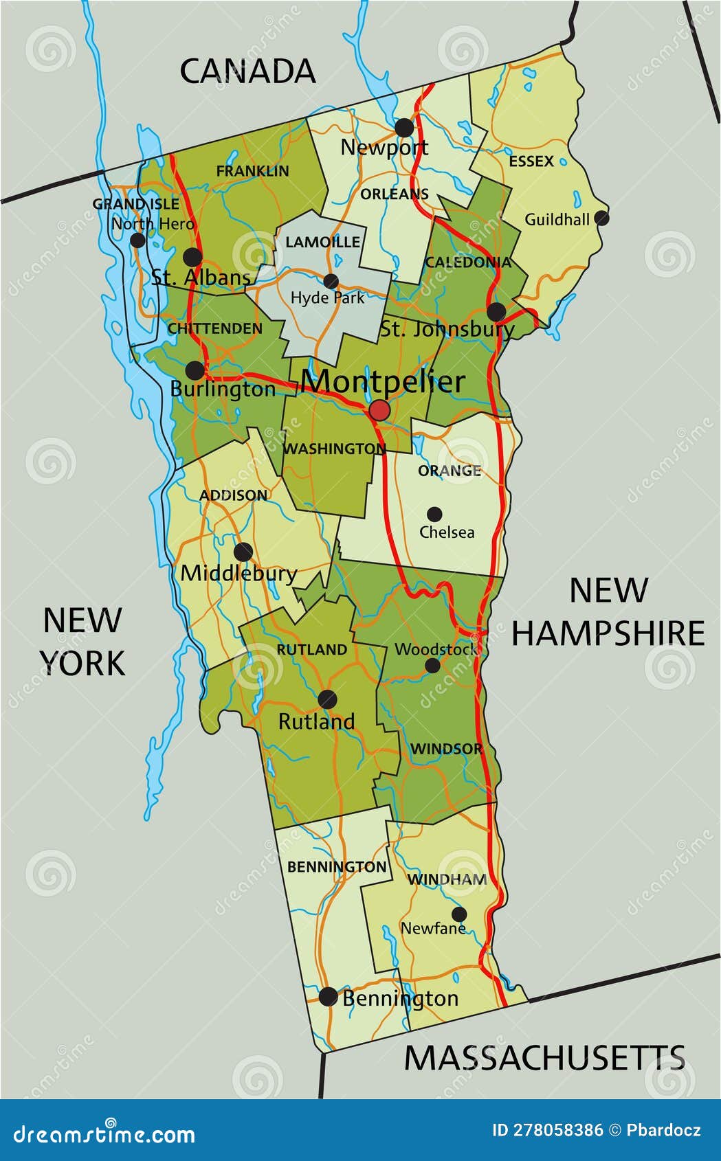 Vermont Map. Political Map Of Vermont With Boundaries In Outline Vector ...