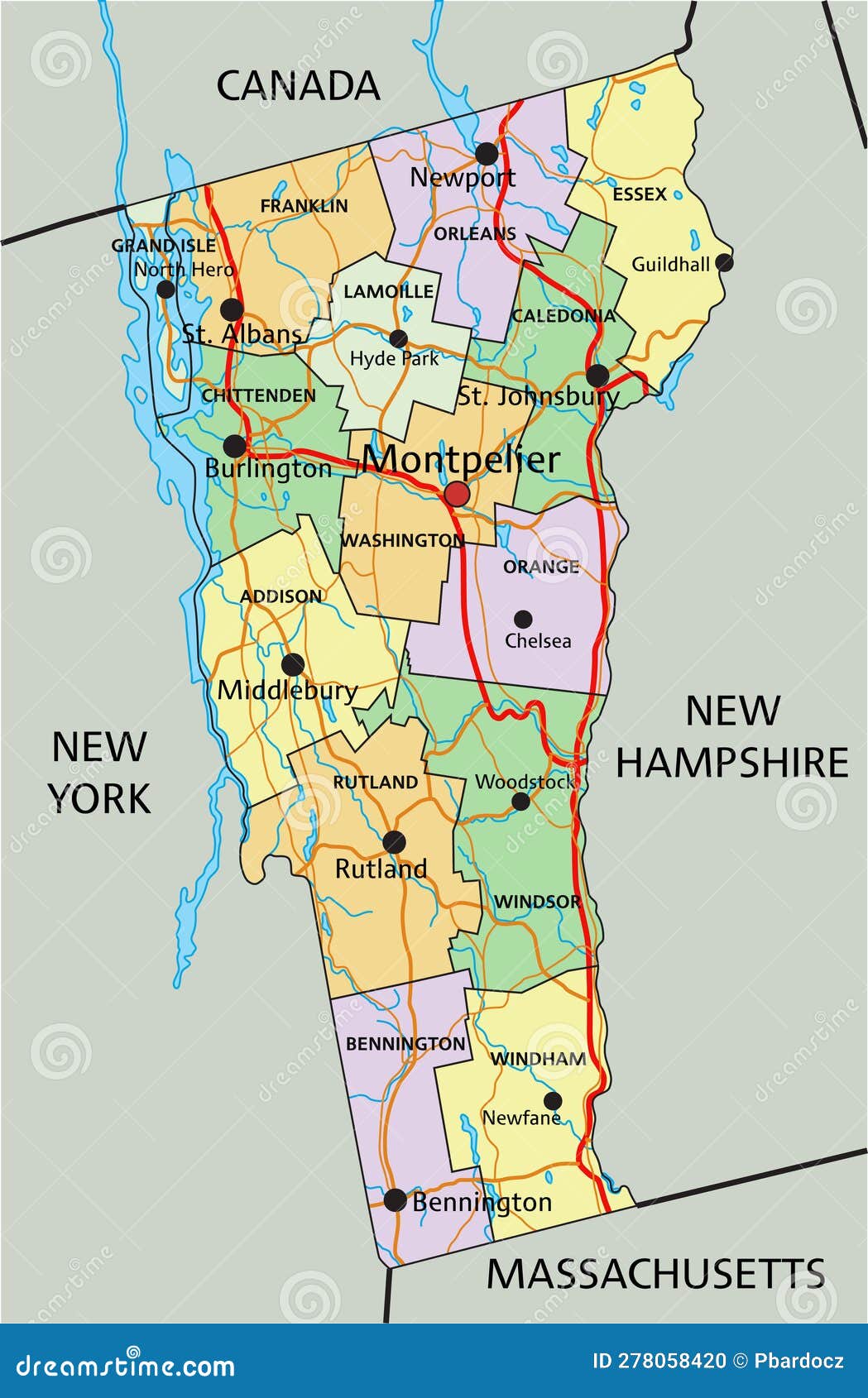 Vermont Map. Political Map Of Vermont With Boundaries In Outline Vector ...