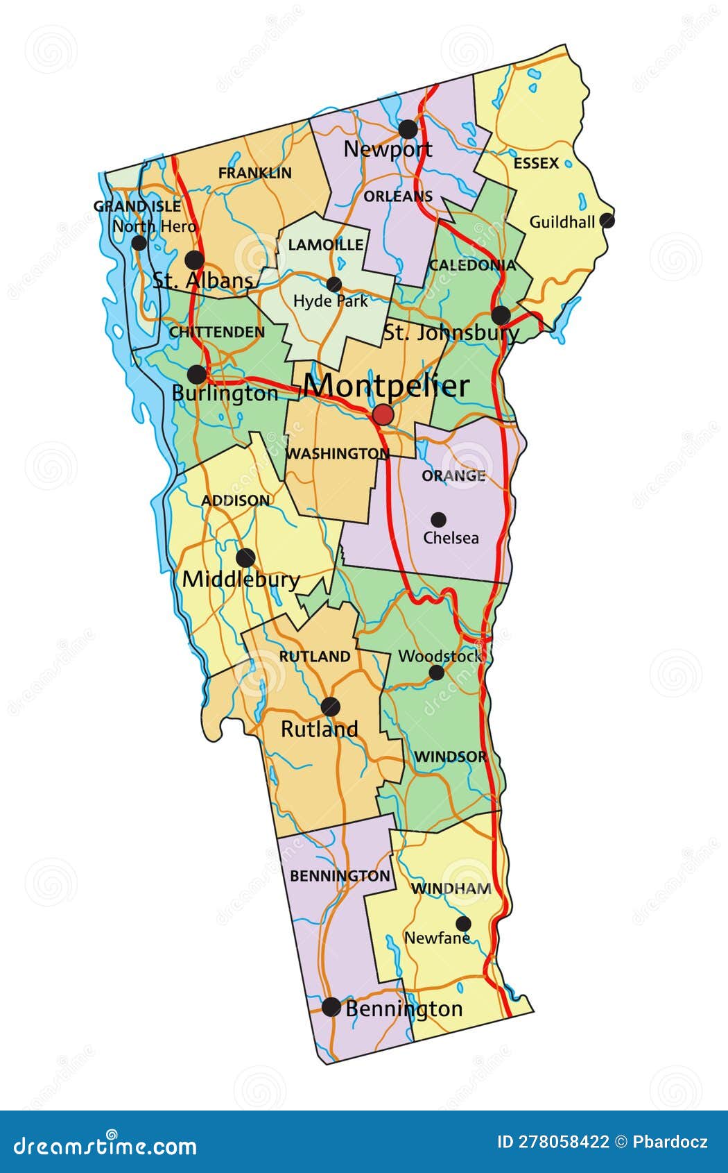 Vermont Map. Political Map Of Vermont With Boundaries In Outline Vector ...
