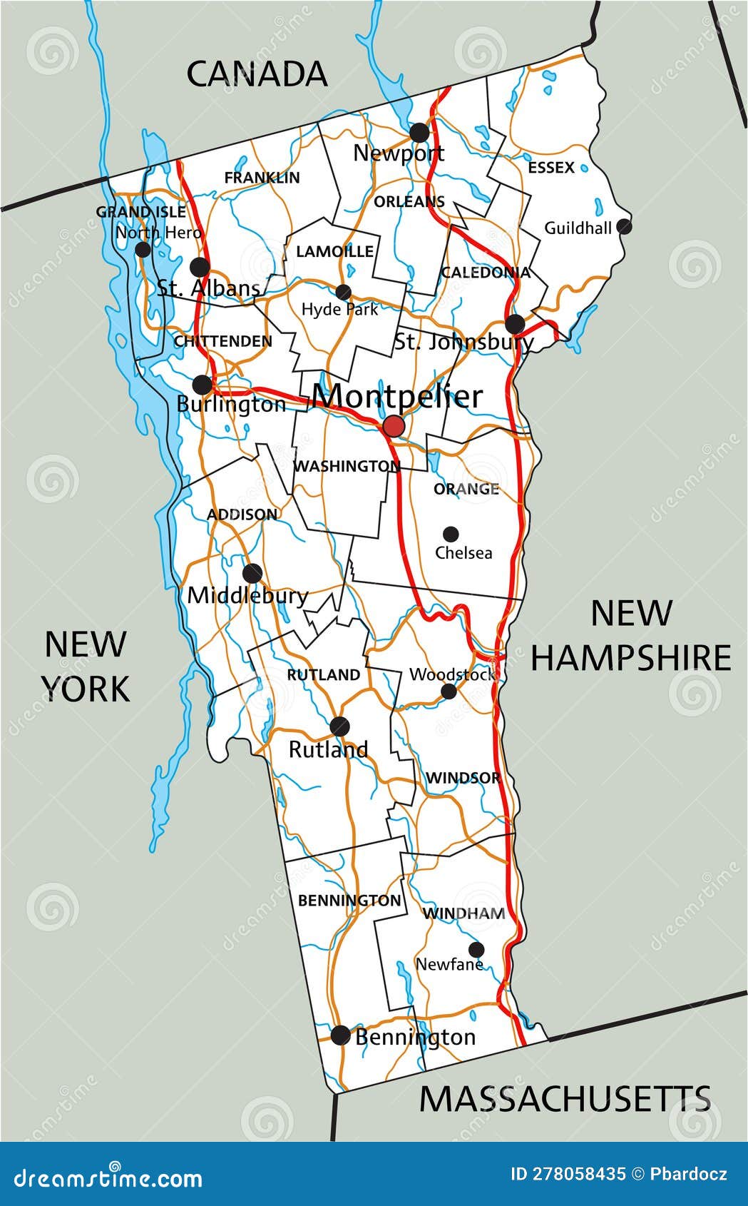 Detailed Vermont Road Map with Labeling. Stock Vector - Illustration of ...