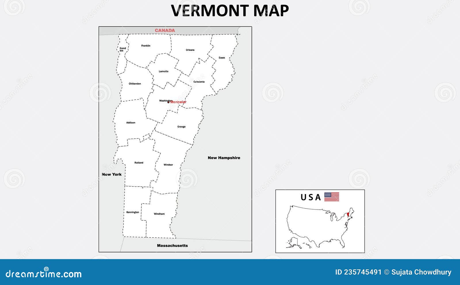 Vermont Map. Political Map of Vermont with Boundaries in White Color ...