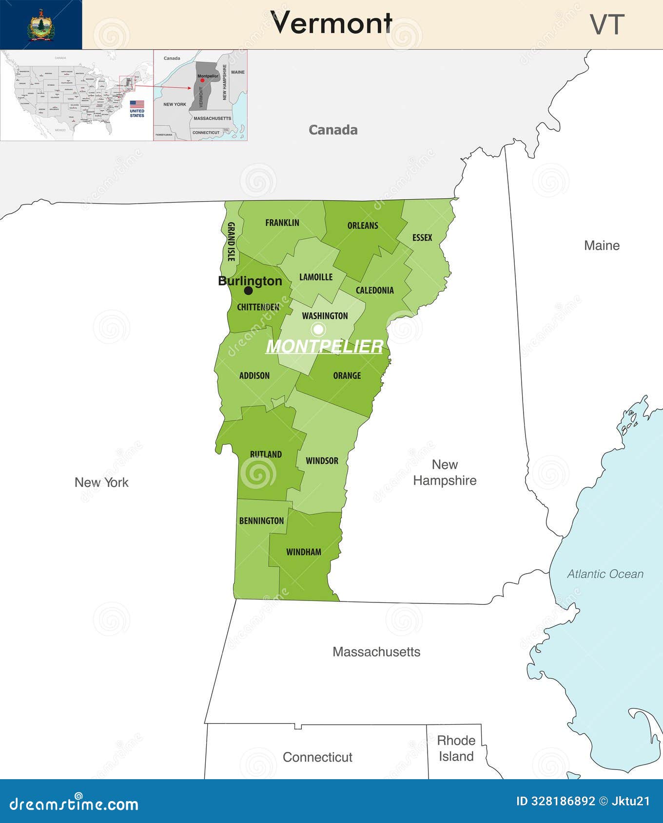 Vermont State Map with Counties Borders. Vermont S at-large ...