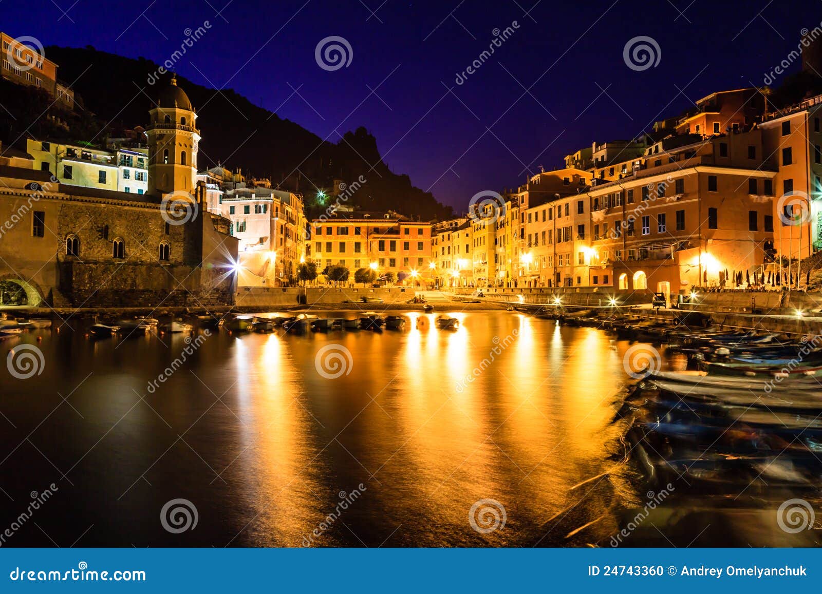 Vernazza Harbor at Night in Cinque Terre Stock Photo - Image of ...