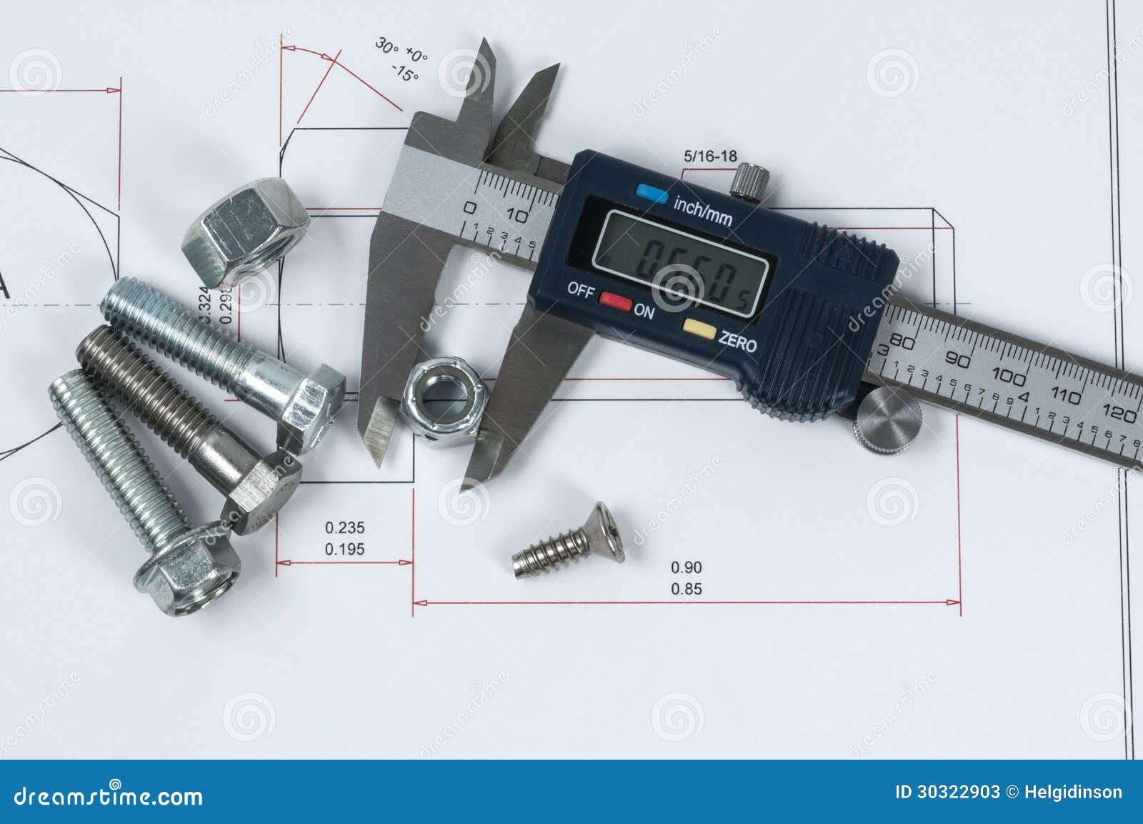 Vernier Caliper and Assorted Screw, Nuts and Bolts Stock Image - Image ...