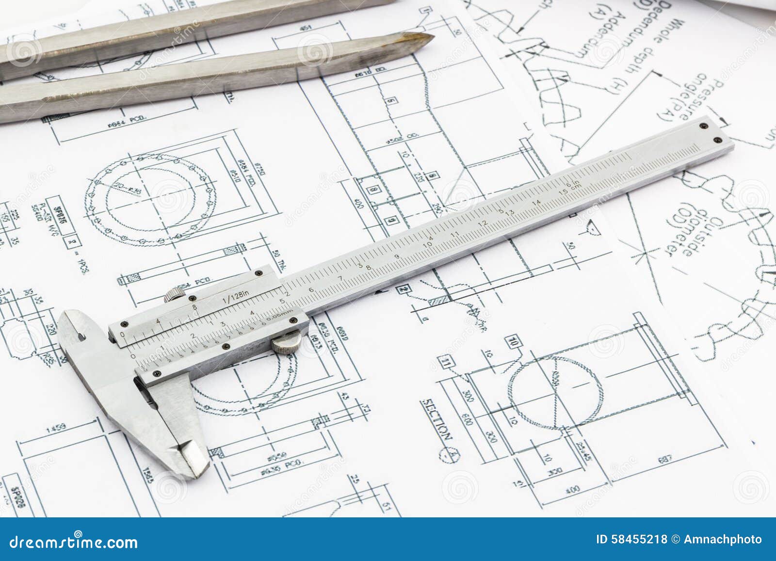 Vernier Scale on Blueprint Background. Stock Photo - Image of ...
