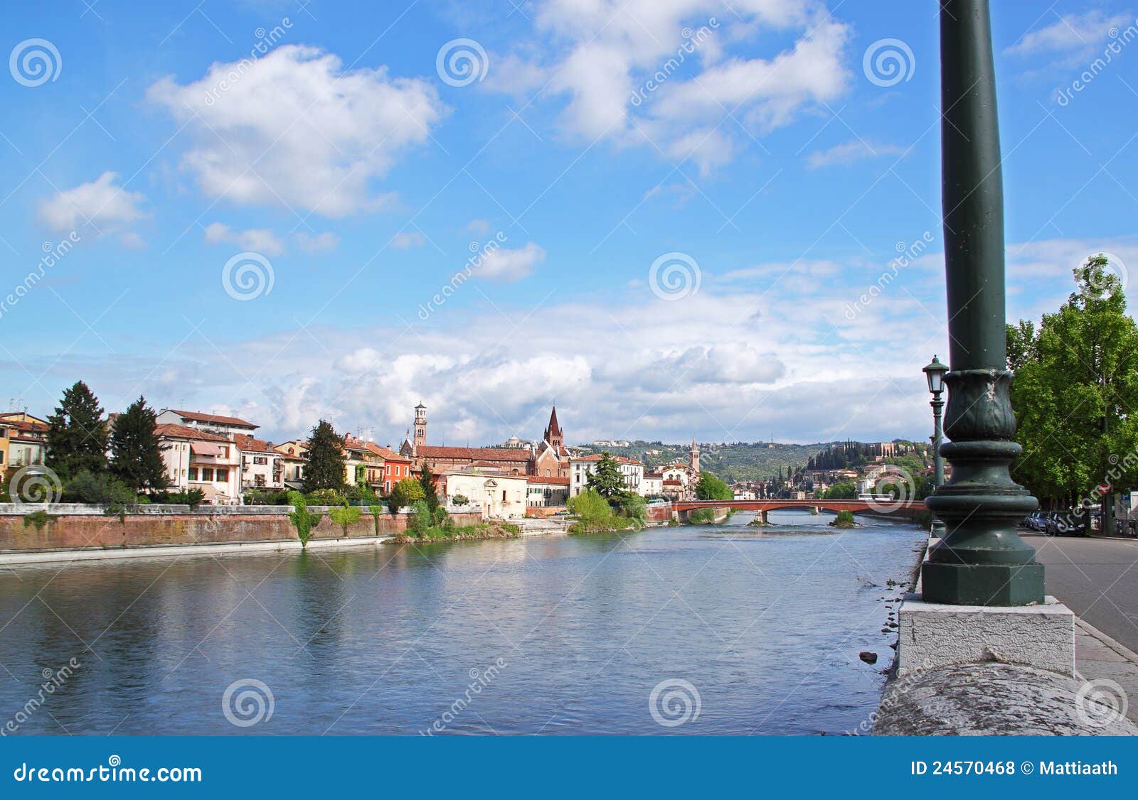 Verona Along the River Adige, Italy Stock Photo - Image of tower ...