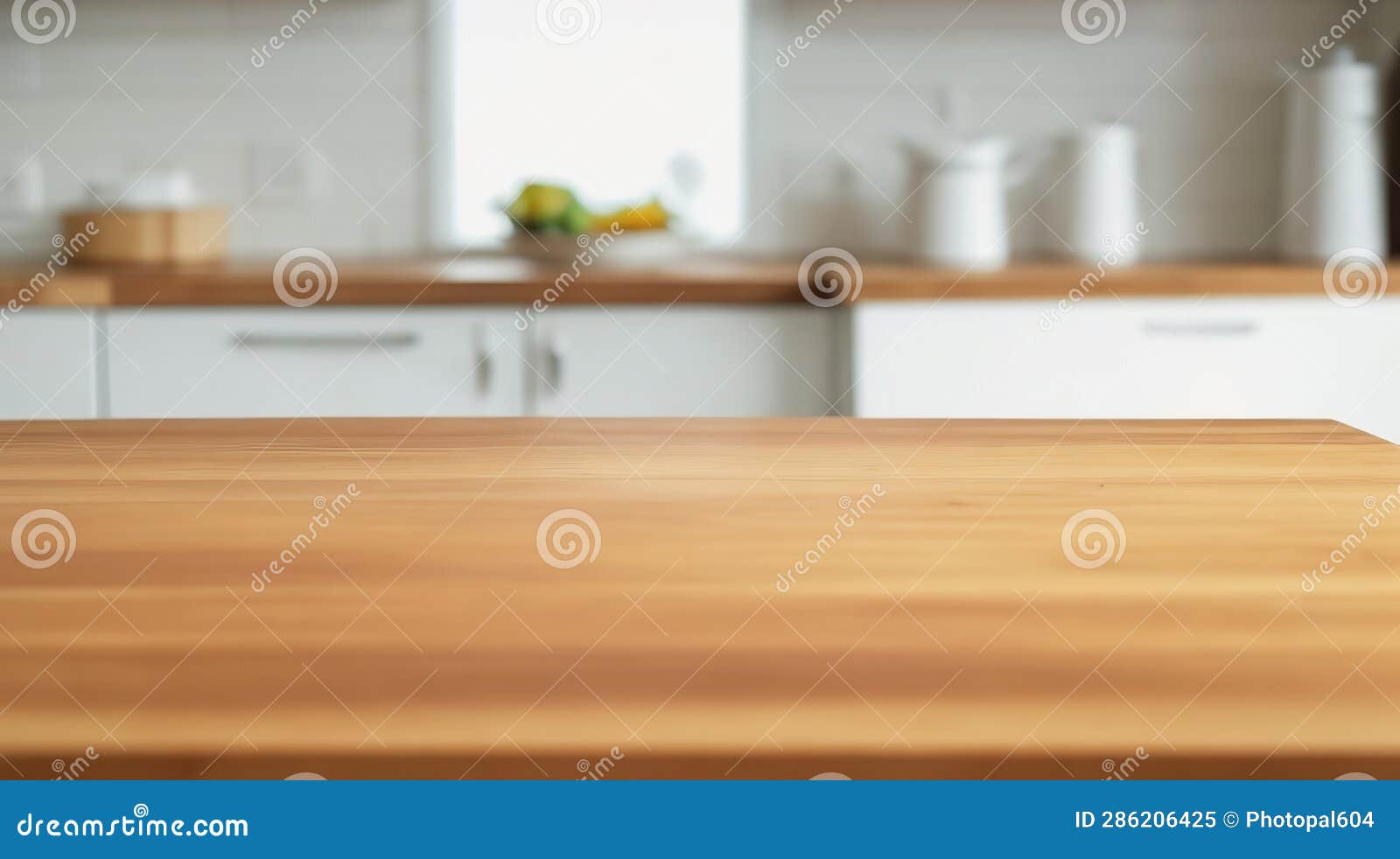 Versatile Display: Empty Wooden Table on Blurred Kitchen Bench ...
