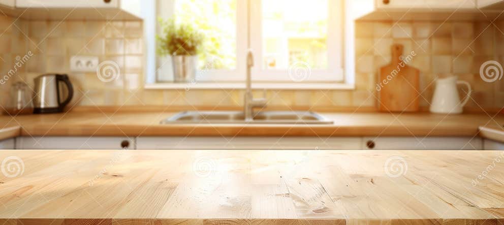 Versatile Empty Wooden Table on Blurred Kitchen Bench Background for ...