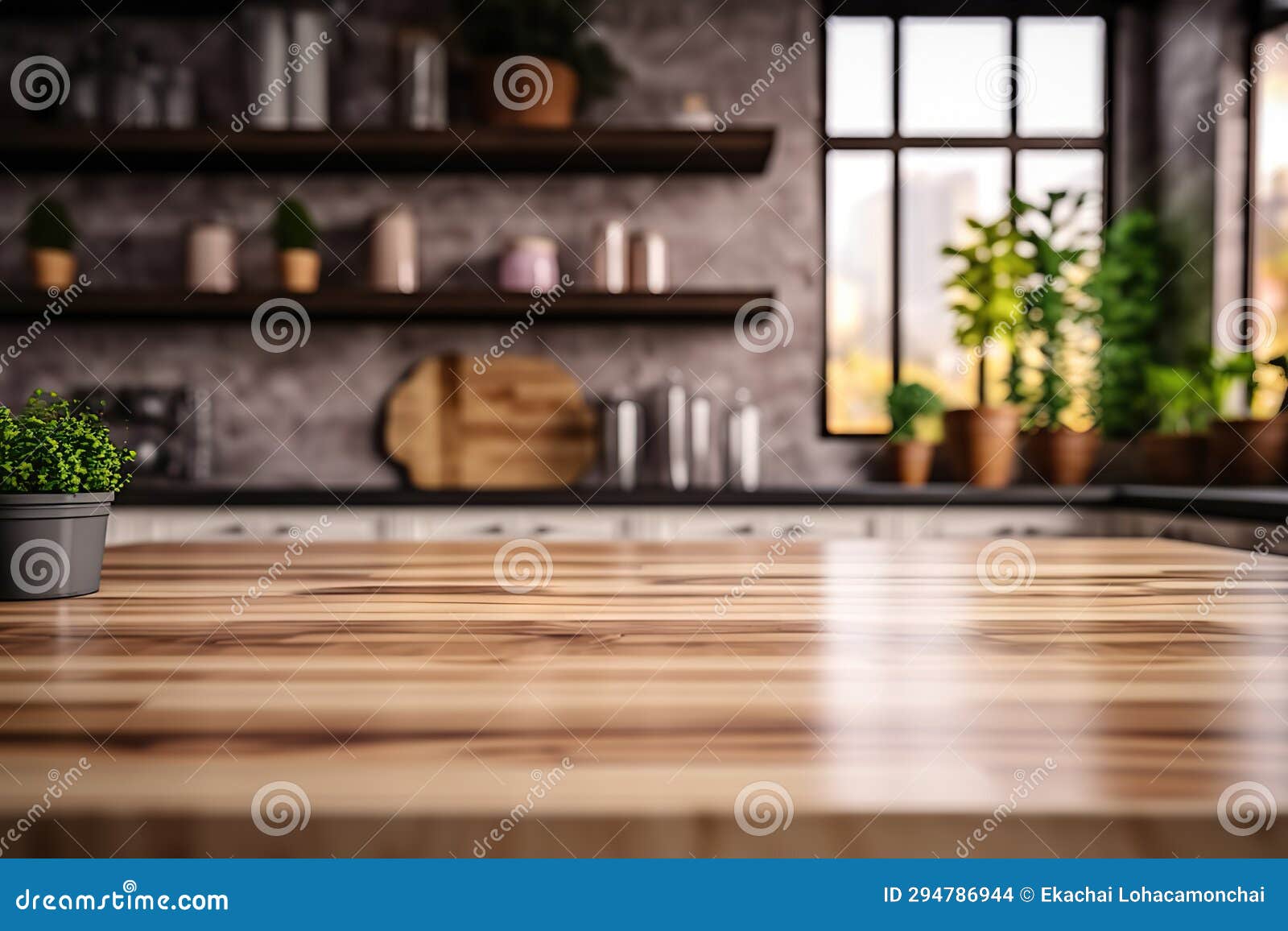 Versatile Kitchen Display Wooden Table on Blurred Kitchen Bench ...