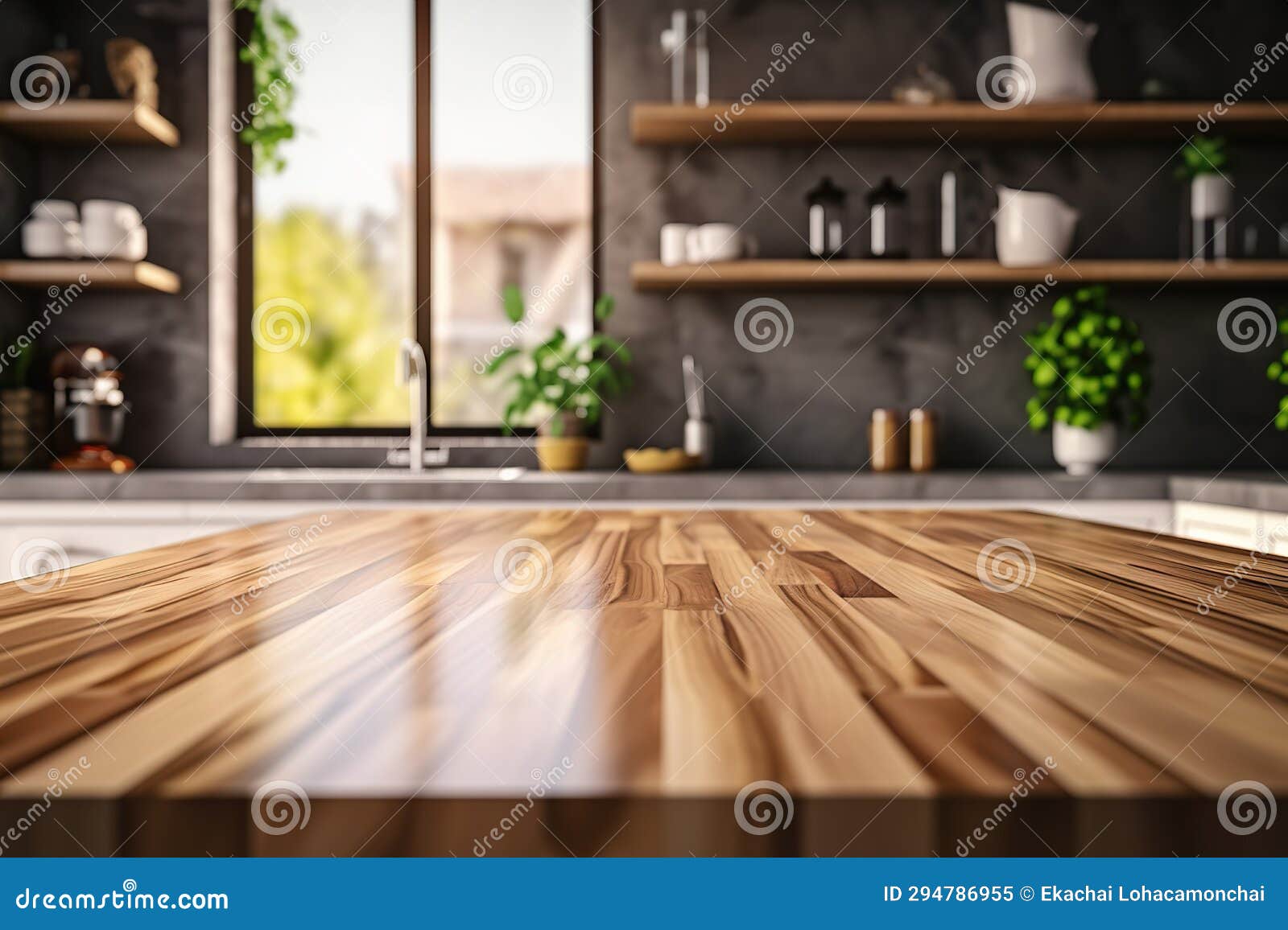 Versatile Kitchen Display Wooden Table on Blurred Kitchen Bench ...