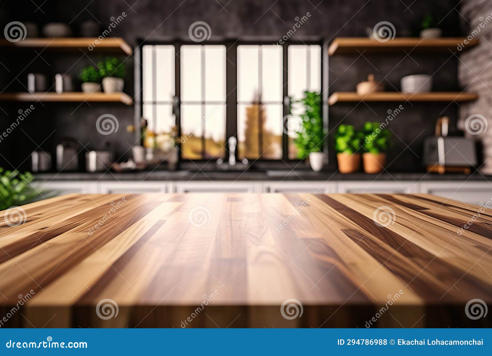 Versatile Kitchen Display Wooden Table on Blurred Kitchen Bench ...