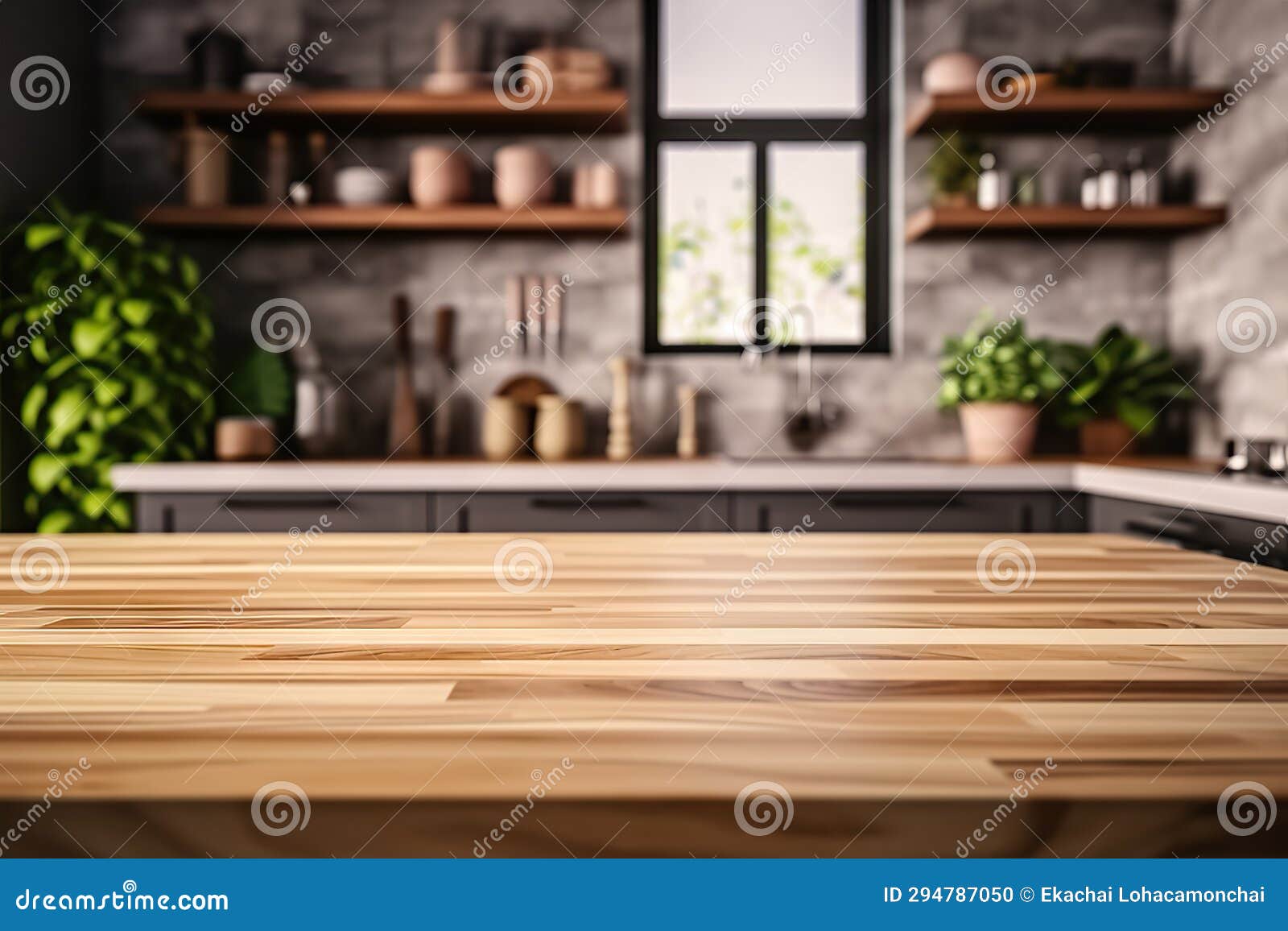 Versatile Kitchen Display Wooden Table on Blurred Kitchen Bench ...