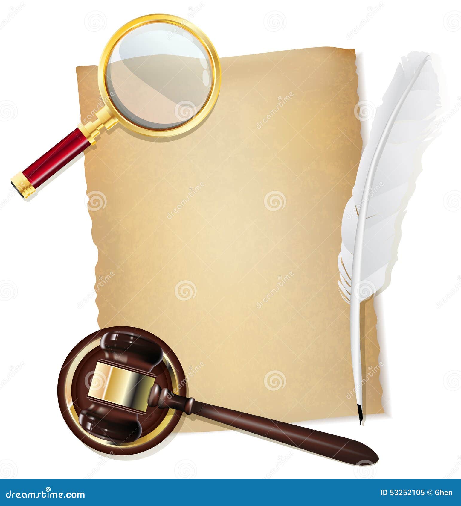 Versehen Sie Stift, Altes Papirus, Hammer Und Lupe Mit Federn Vektor ...