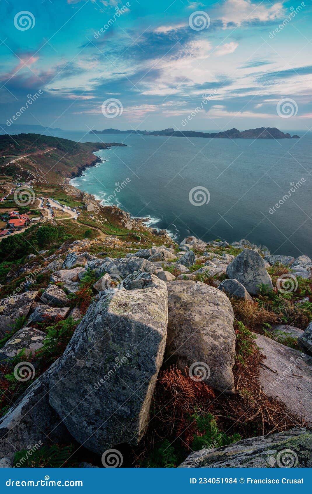 VERTICAL View of Cabo Home and Cies Islands in Galicia, Spain Stock ...