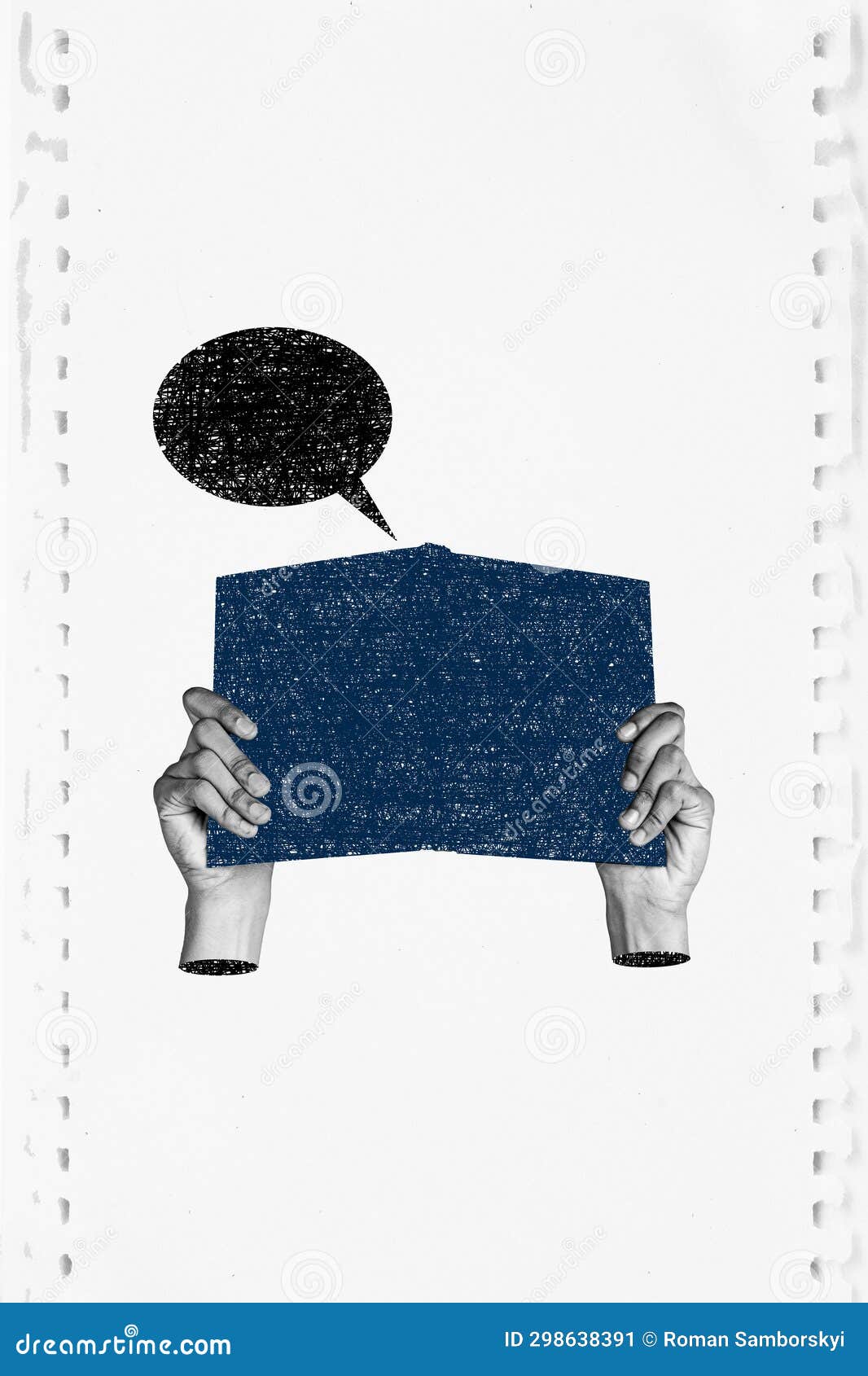 Vertical Abstract Image Collage of Human Hands Hold Blue Copybook Read ...