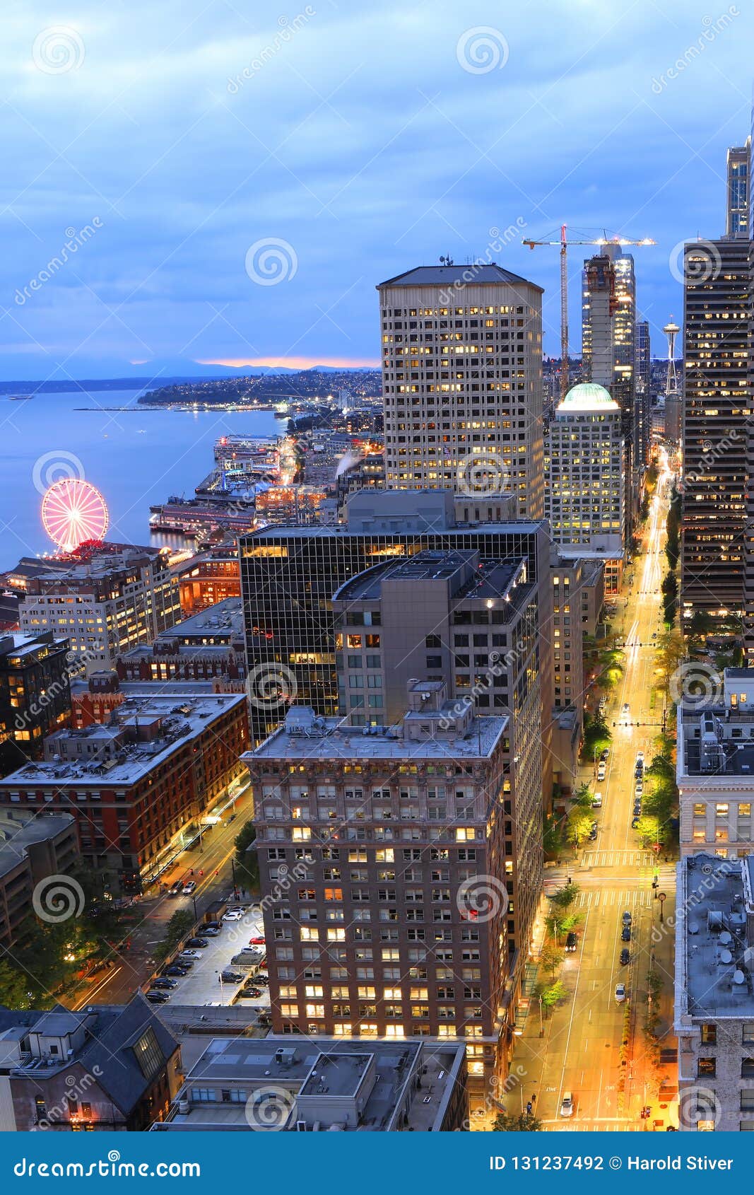 Vertical Aerial Seattle, Washington Skyline at Dusk Stock Photo - Image ...