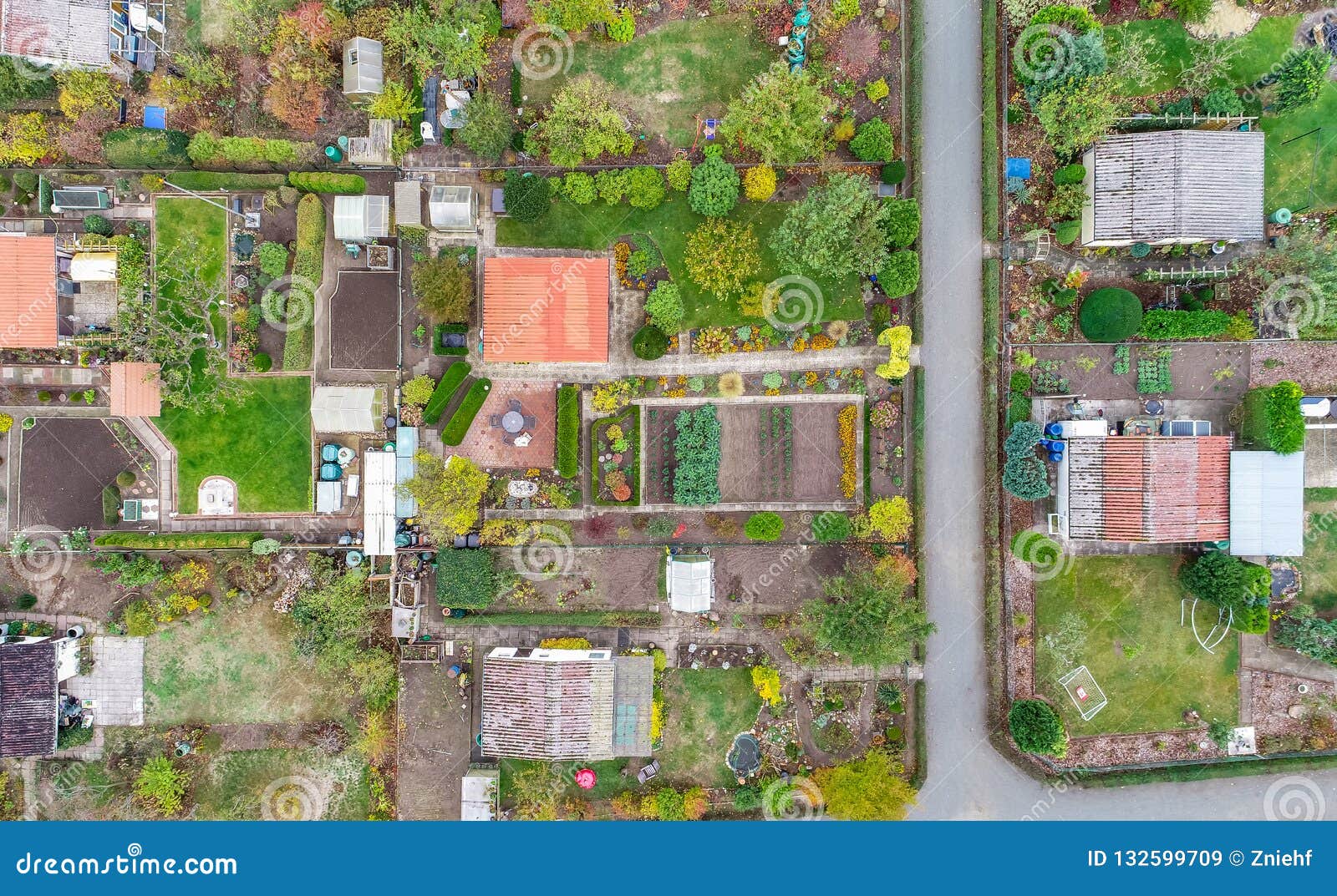 Vertical Aerial View of an Allotment Garden with Huts, Paths and ...