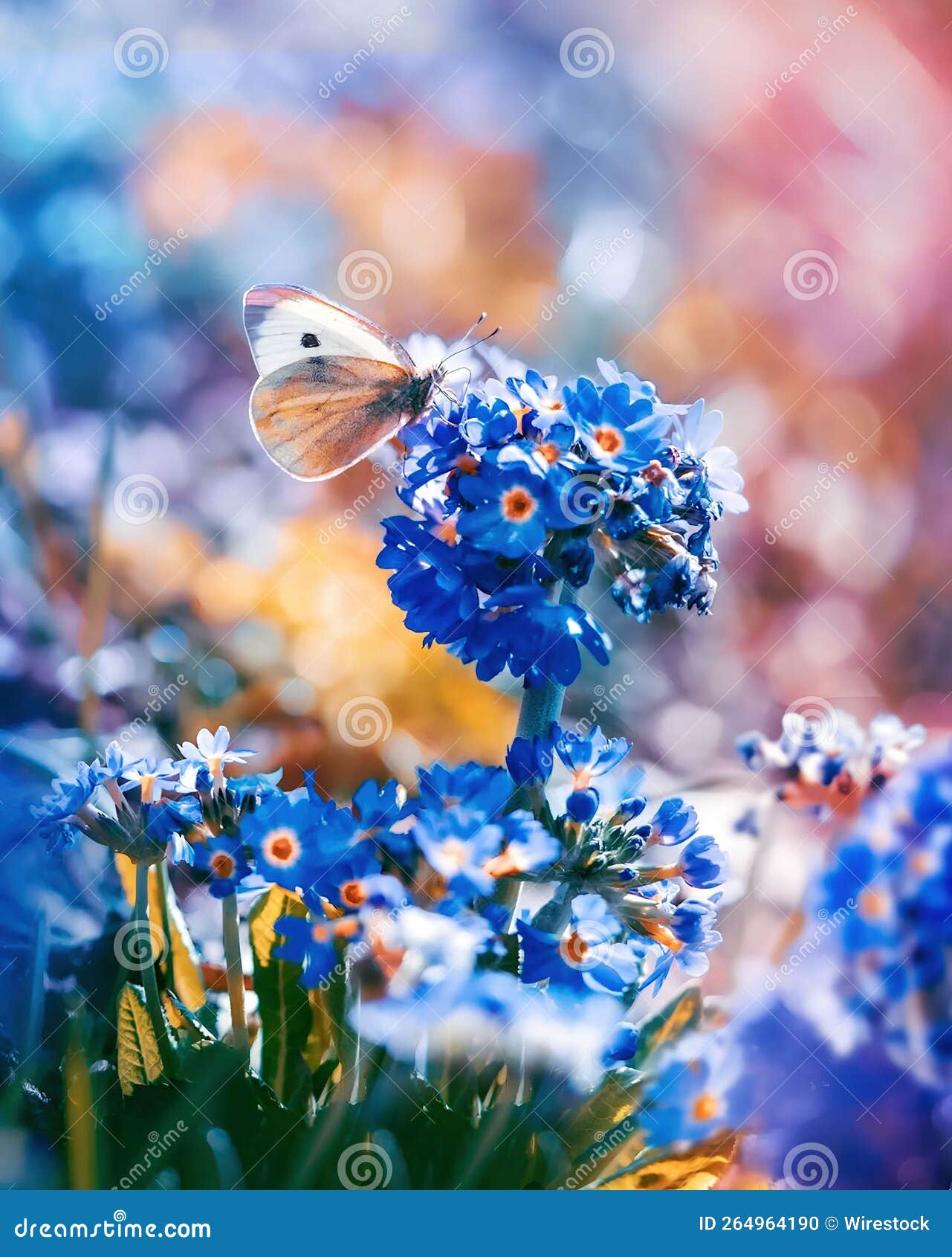 Vertical AI Generated Illustration of a Butterfly on Blue Flowers ...