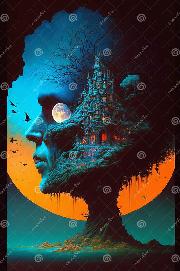 Vertical AI-generated Illustration of a Castle Tree in a Human Profile ...