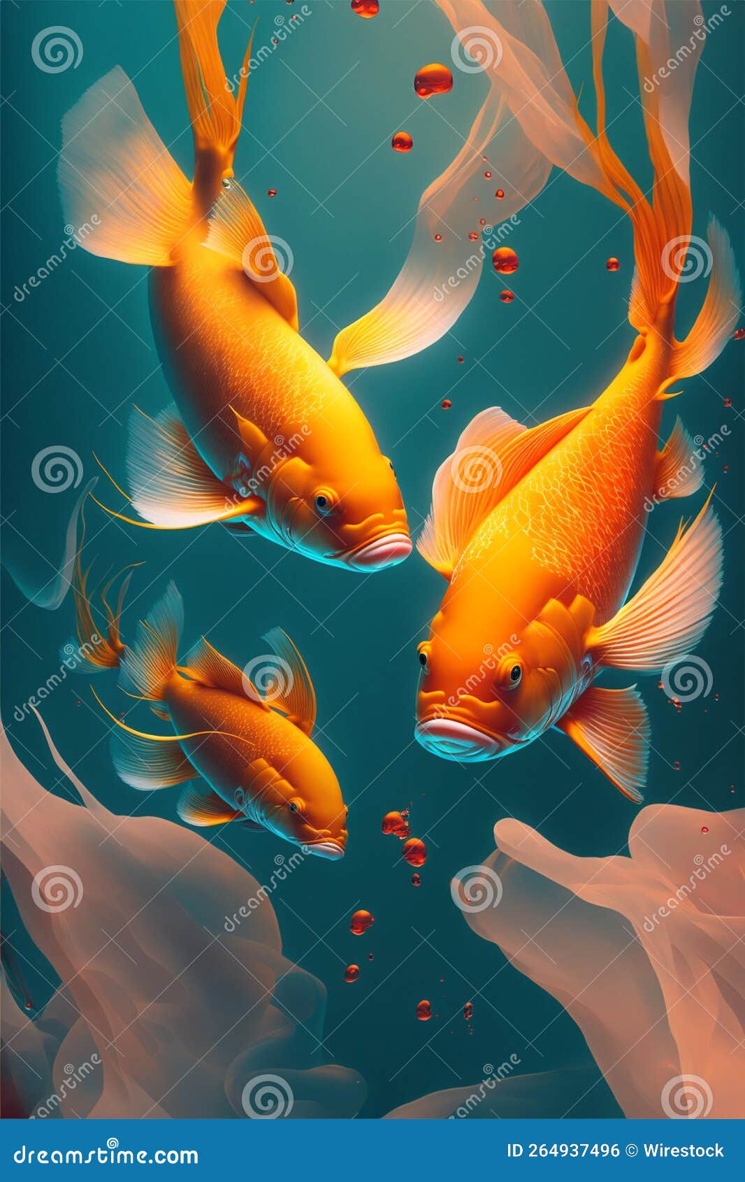 Vertical AI Illustration of Three Goldfish Swimming in Water Stock ...